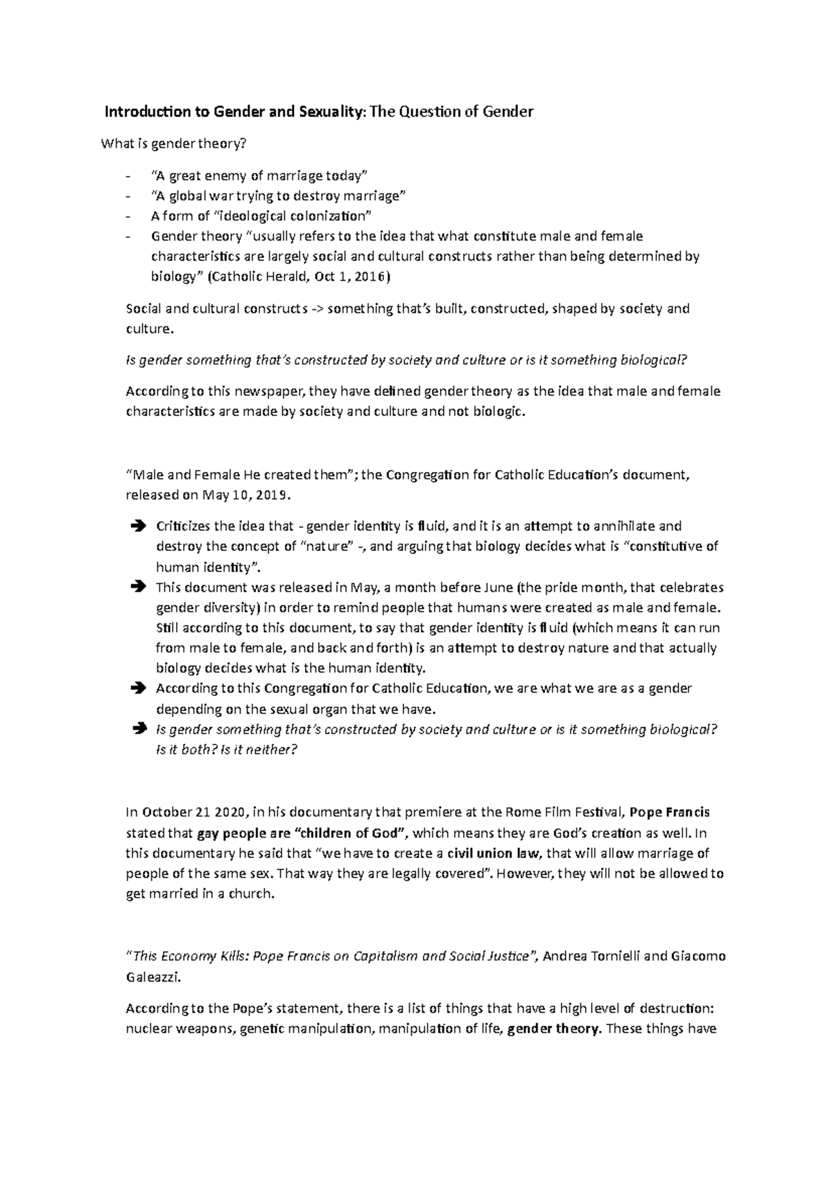 Appunti Gender theory in inglese - Introduction to Gender and Sexuality ...
