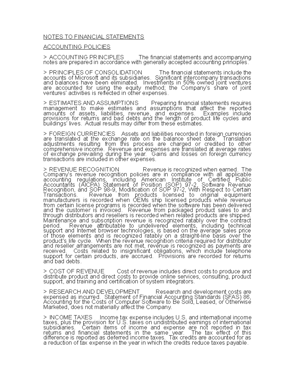 Notes on Accounting - NOTES TO FINANCIAL STATEMENTS ACCOUNTING POLICIES ...