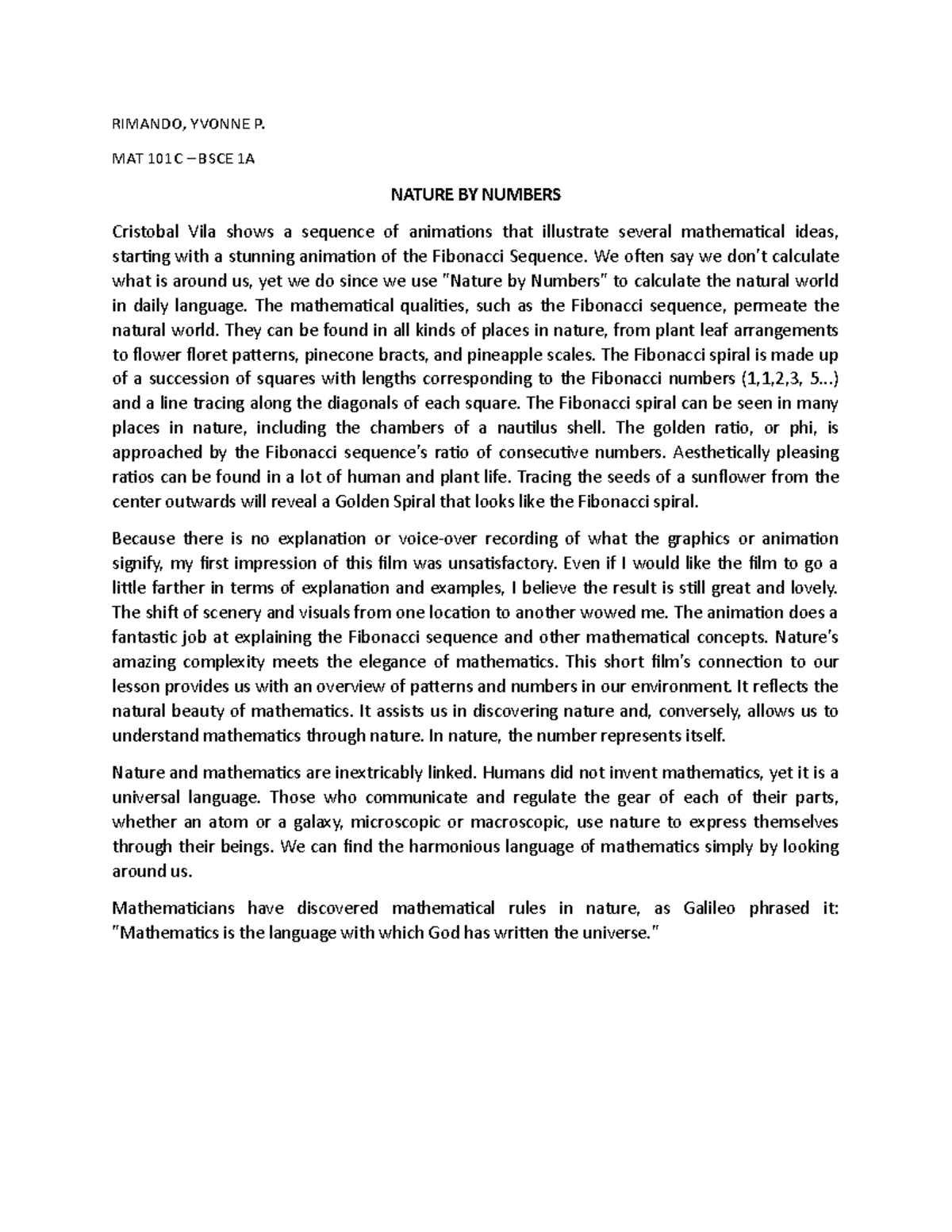 Nature By Numbers - Mathematics in the Modern World - RIMANDO, YVONNE P ...