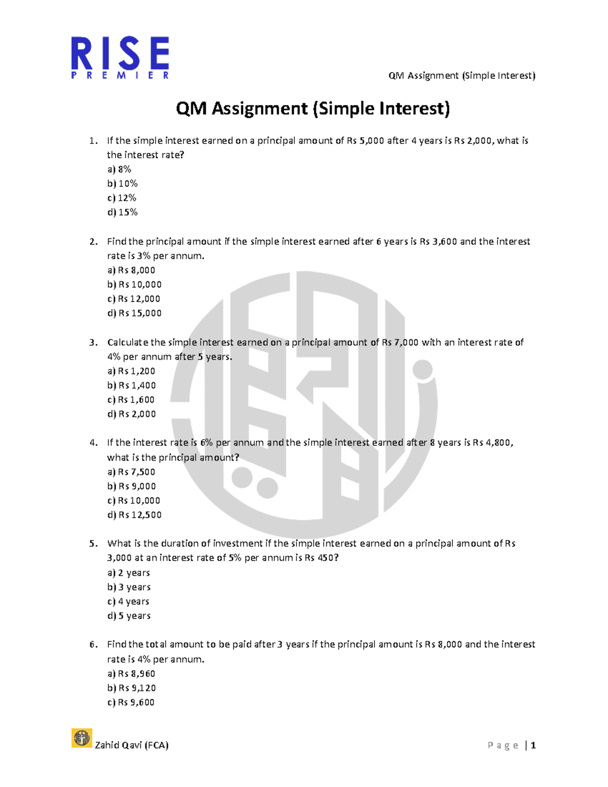 Assignment Simple Interest 1 - QM Assignment (Simple Interest) If the ...