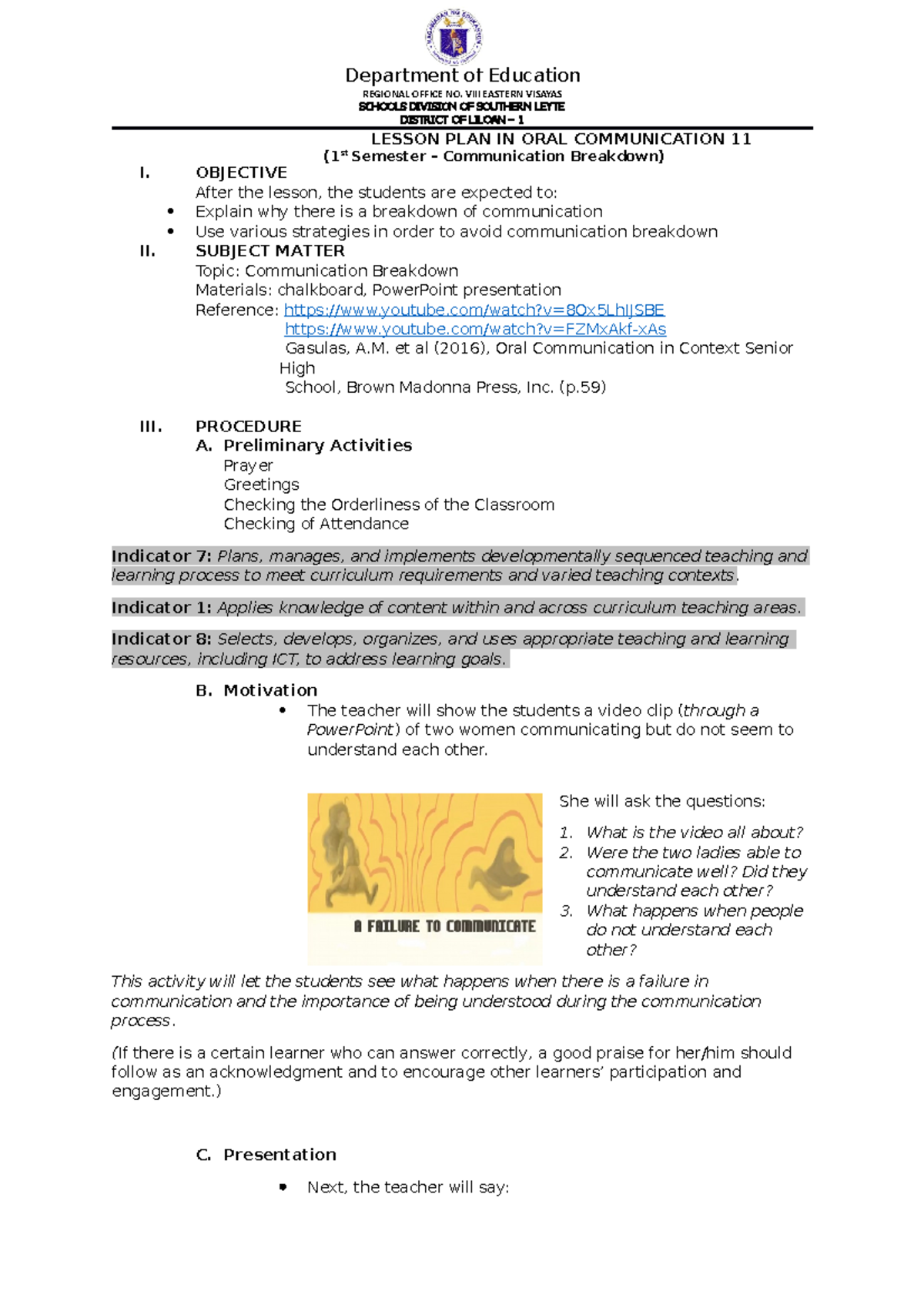Communication Breakdown Lesson Plan - Department of Education SCHOOLS ...