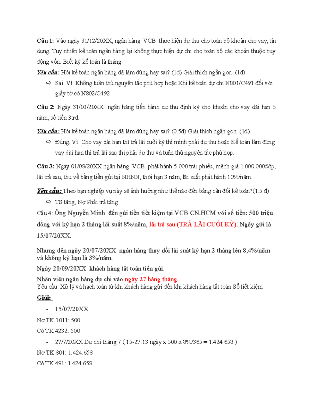 ÔN-TẬP-KTNH CK - Bài tập ôn tập cuối kì - Câu 1: Vào ngày 31/12/20XX, ngân hàng VCB thực hiện dự ...