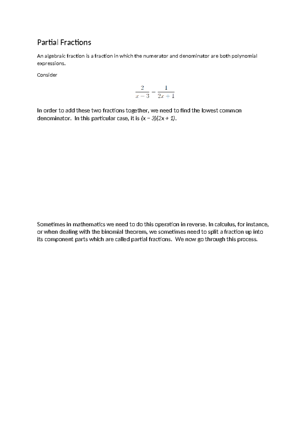 Partial Fractions empty intermediate - Partial Fractions An algebraic ...