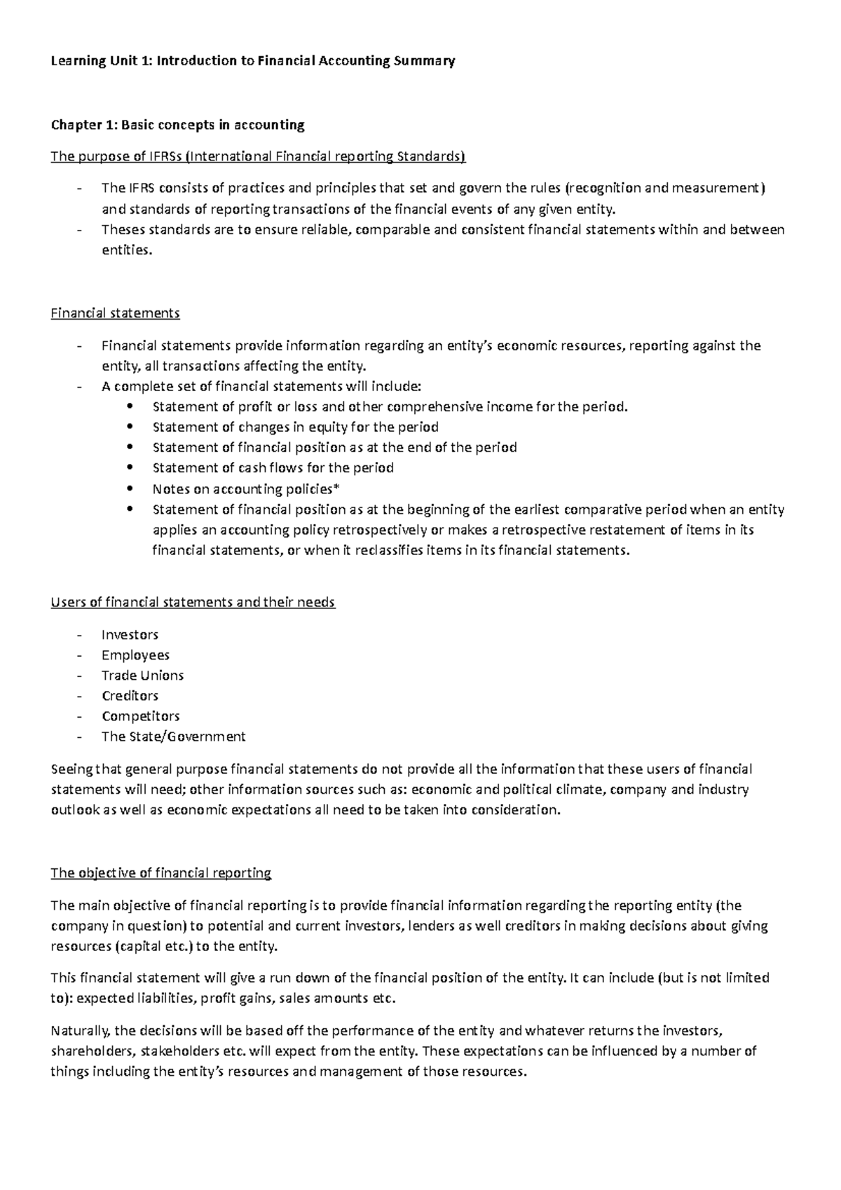 Notes - Learning Unit 1: Introduction to Financial Accounting Summary ...