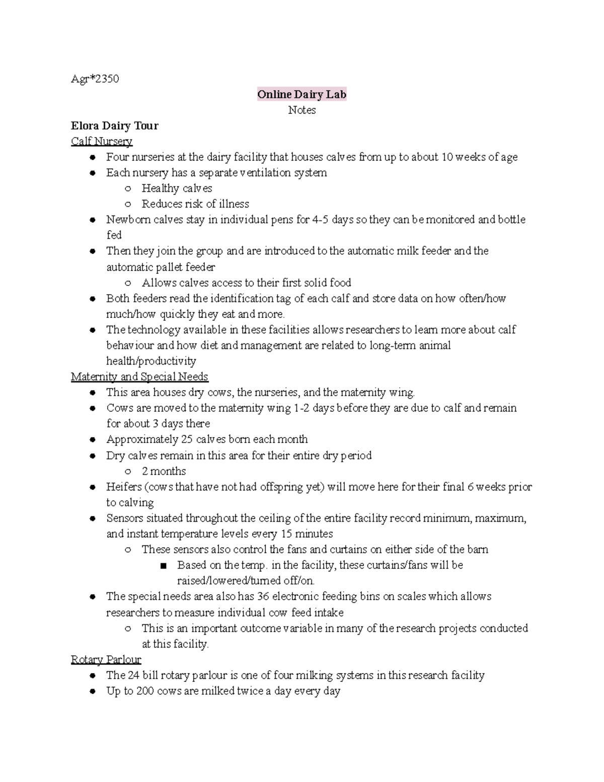 AGR*2350 Dairy Lab Notes - Agr* Online Dairy Lab Notes Elora Dairy Tour ...