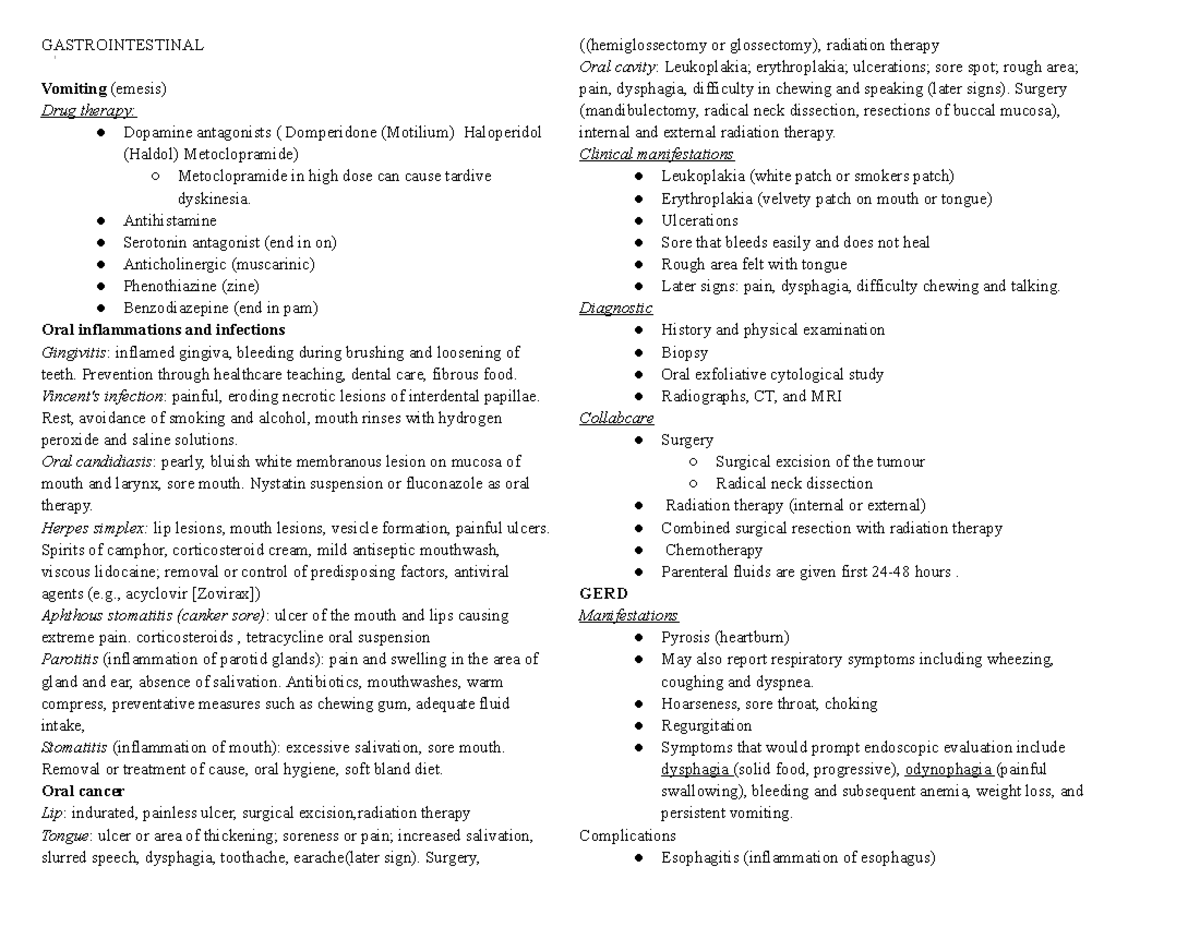 Gastrointestinal - chapter review - GASTROINTESTINAL Vomiting (emesis ...