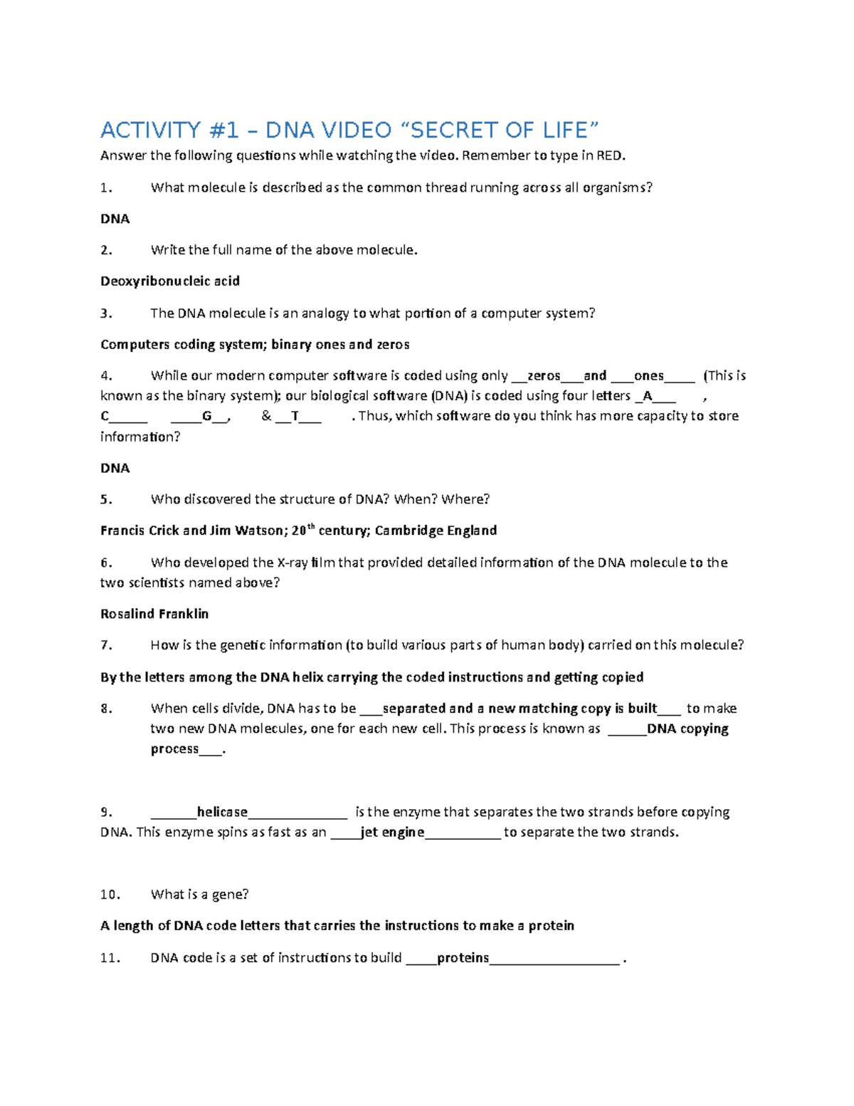Weaghington Madison DNA Activity 1 answer sheet - ACTIVITY #1 – DNA ...