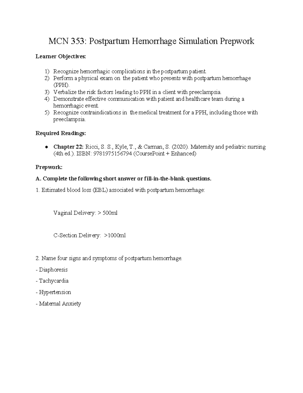 OB PPH Live Sim Prepwork-RT-11 - MCN 353: Postpartum Hemorrhage ...