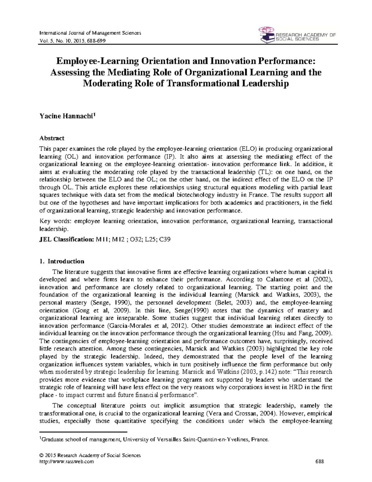 Employee Learning Orientation and Innova - © 2015 Research Academy of ...