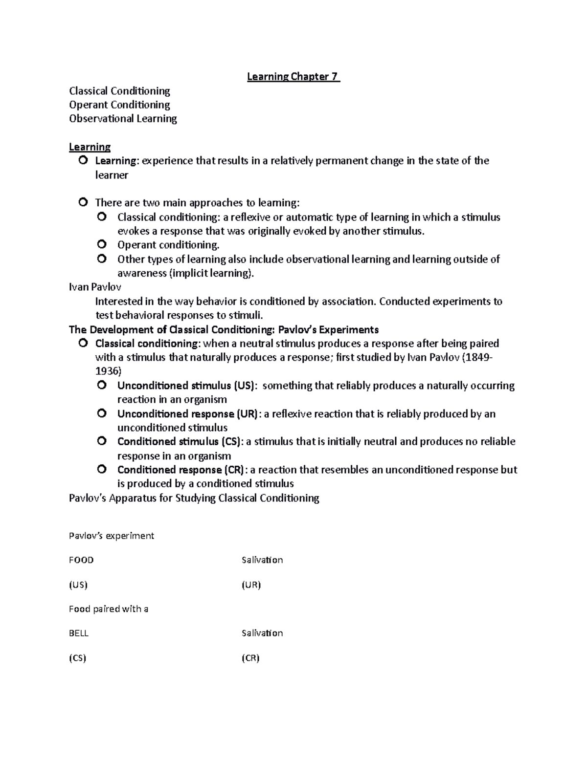 Chapter 7 Notes - Dr. Cousins - Learning Chapter 7 Classical ...