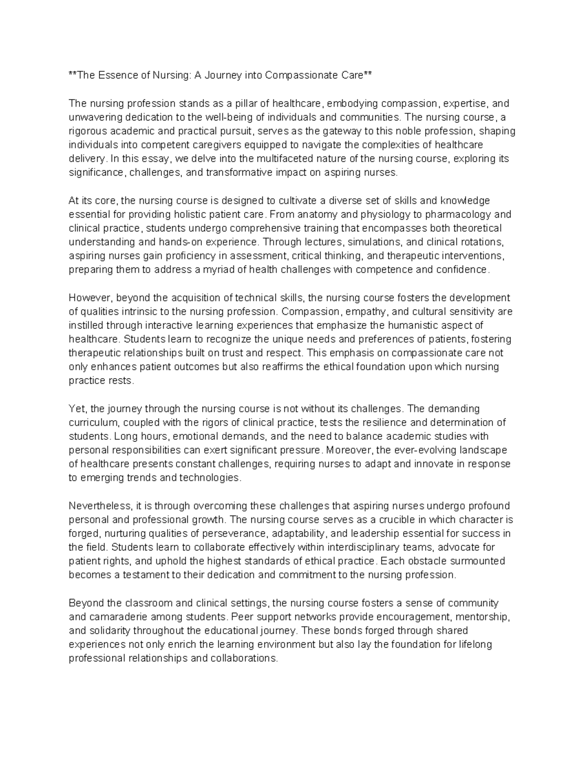 Why Nursing Essay - The Essence of Nursing: A Journey into ...