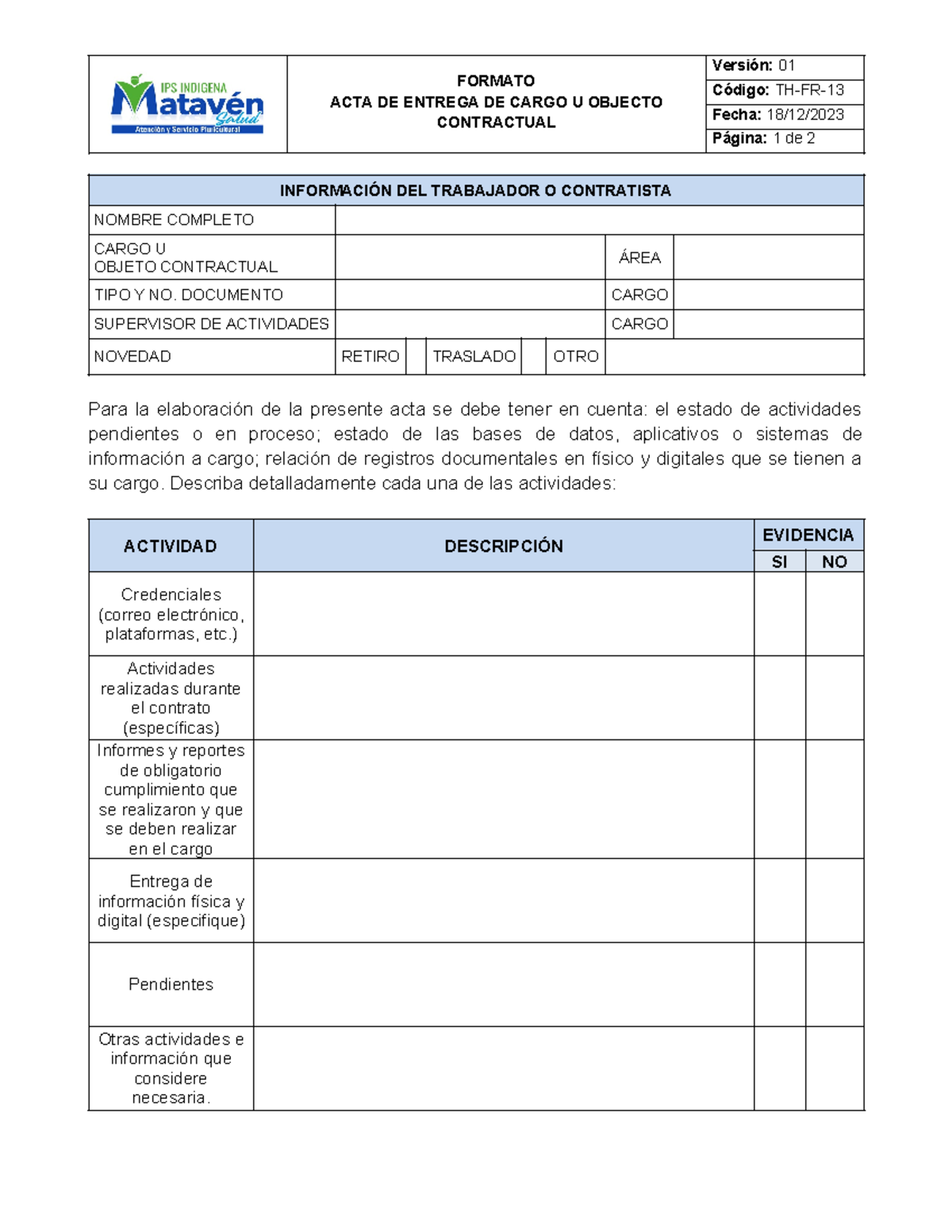 TH-FR-13 Formato ACTA DE Entrega DE Cargo U Objecto Contractual ...
