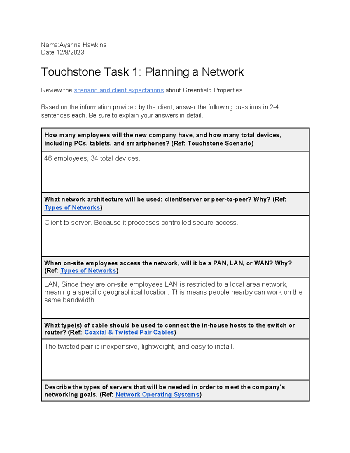 Ayanna Hawkins Touchstone Task 1 Planning a Network Infrastructure Questions - Name:Ayanna ...
