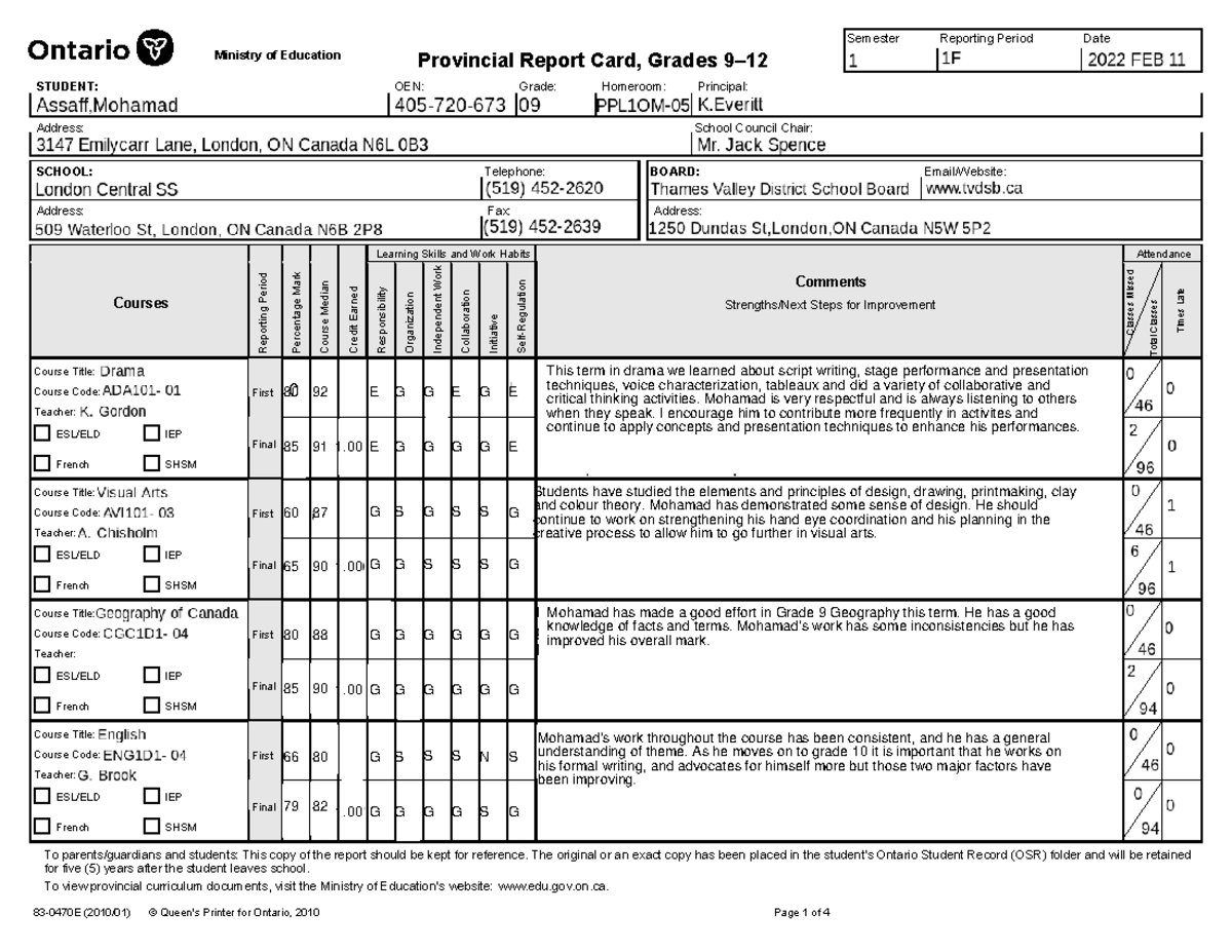 Provincial Report Card, Grades 9–12, Final report, semestered schools ...