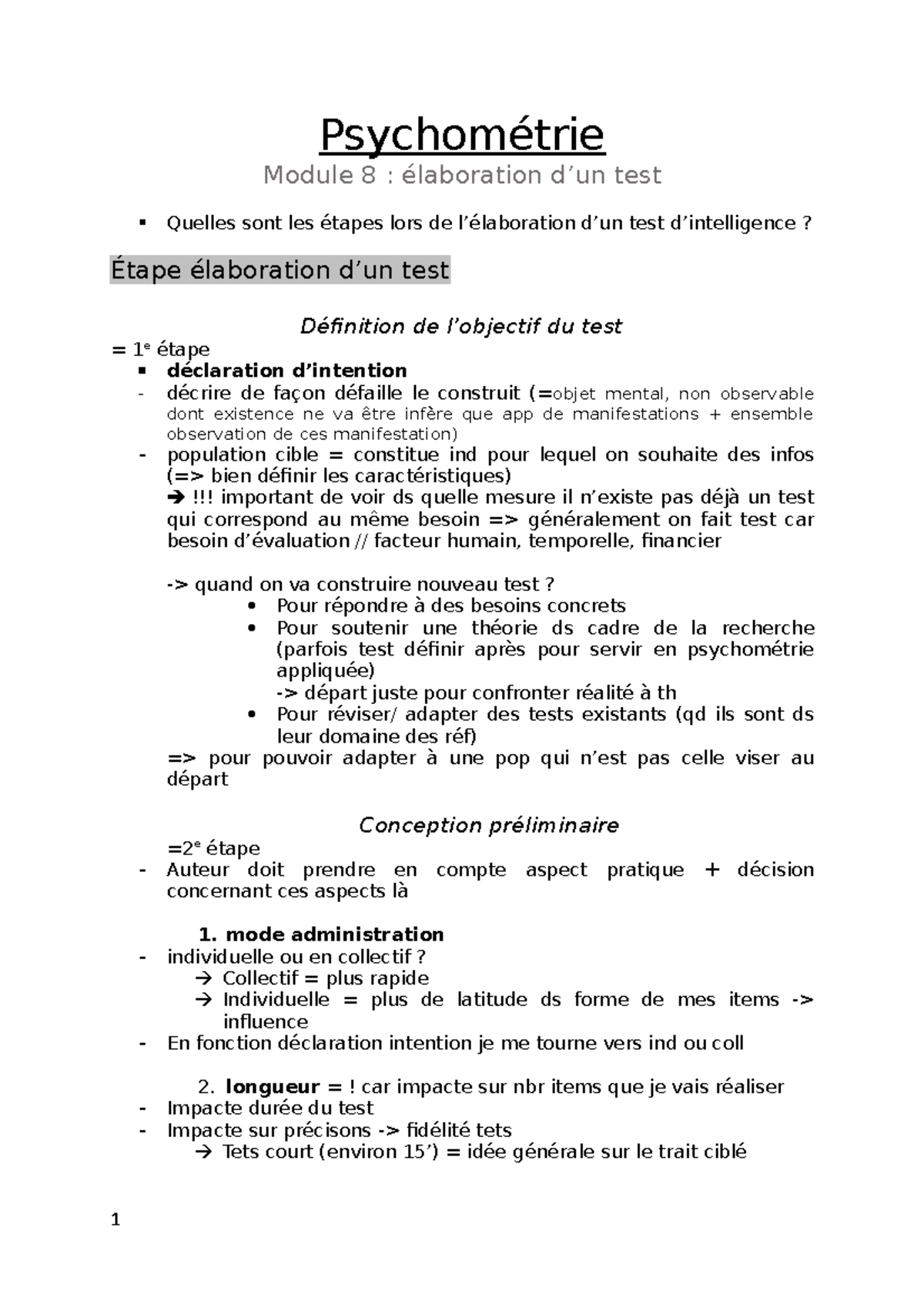 Psychométrie - module 8 - Psychométrie Module 8 : élaboration d’un test ...