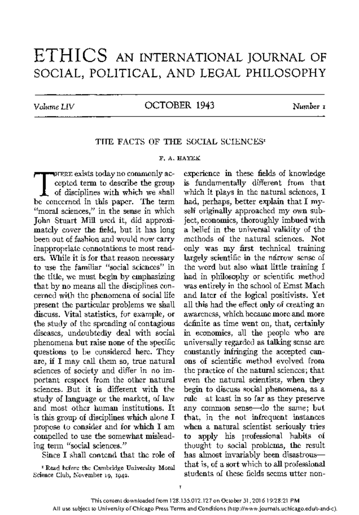 The Facts of the Social Sciences - ETHICS AN INTERNATIONAL JOURNAL OF ...