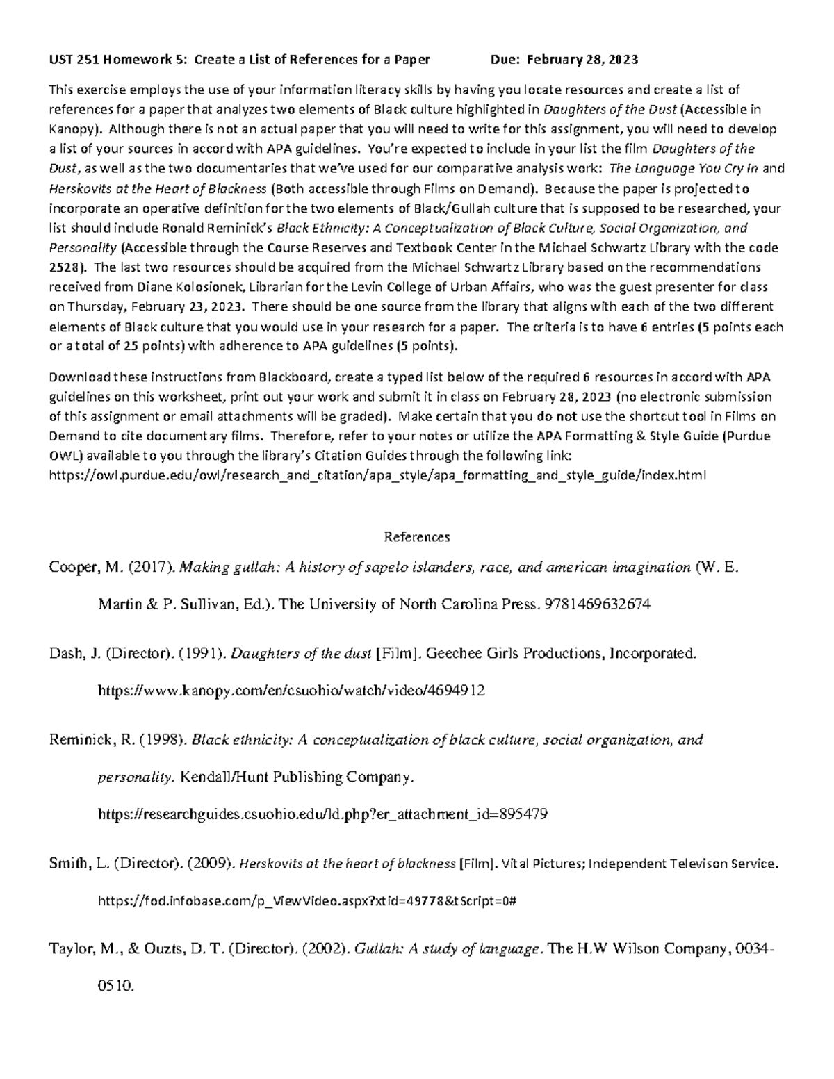 UST 251 SP 23 HW 5 List of References for a Paper - UST 251 Homework 5 ...