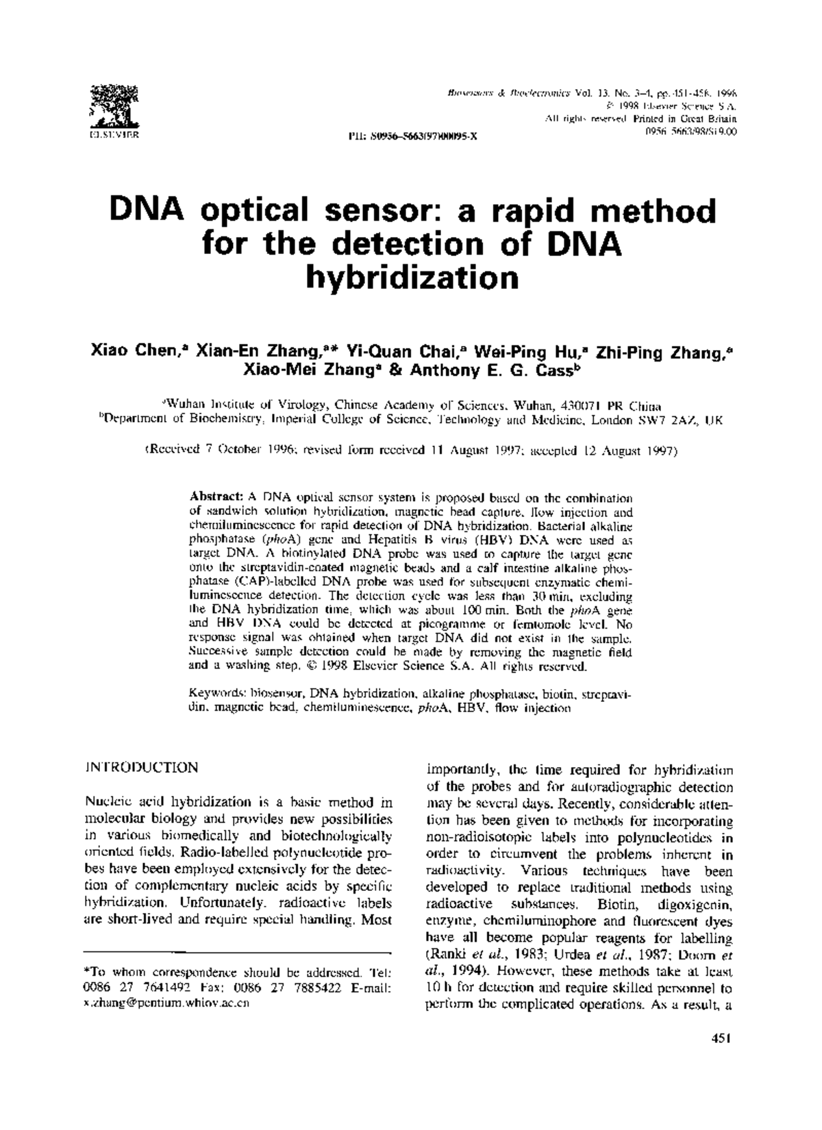 DNA optical sensor a rapid method for th - ELSEVIER Biosensors ...