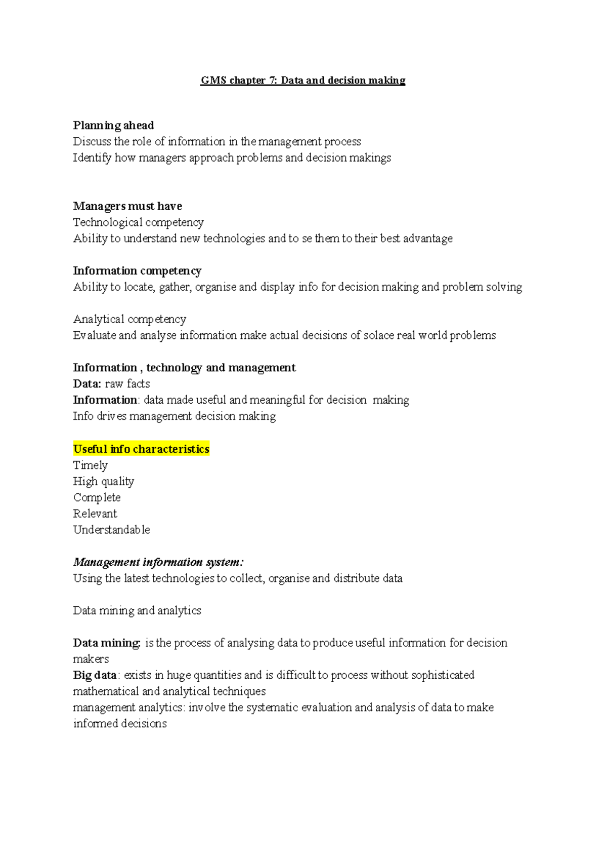 GMS chapter 7 Data and decision making - GMS chapter 7: Data and decision making Planning ahead ...