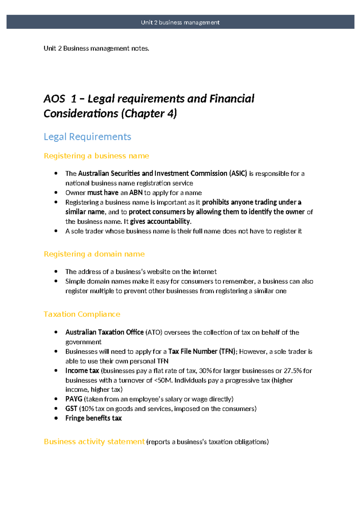 AOS 1 - notes aos 1 - Unit 2 Business management notes. AOS 1 – Legal ...