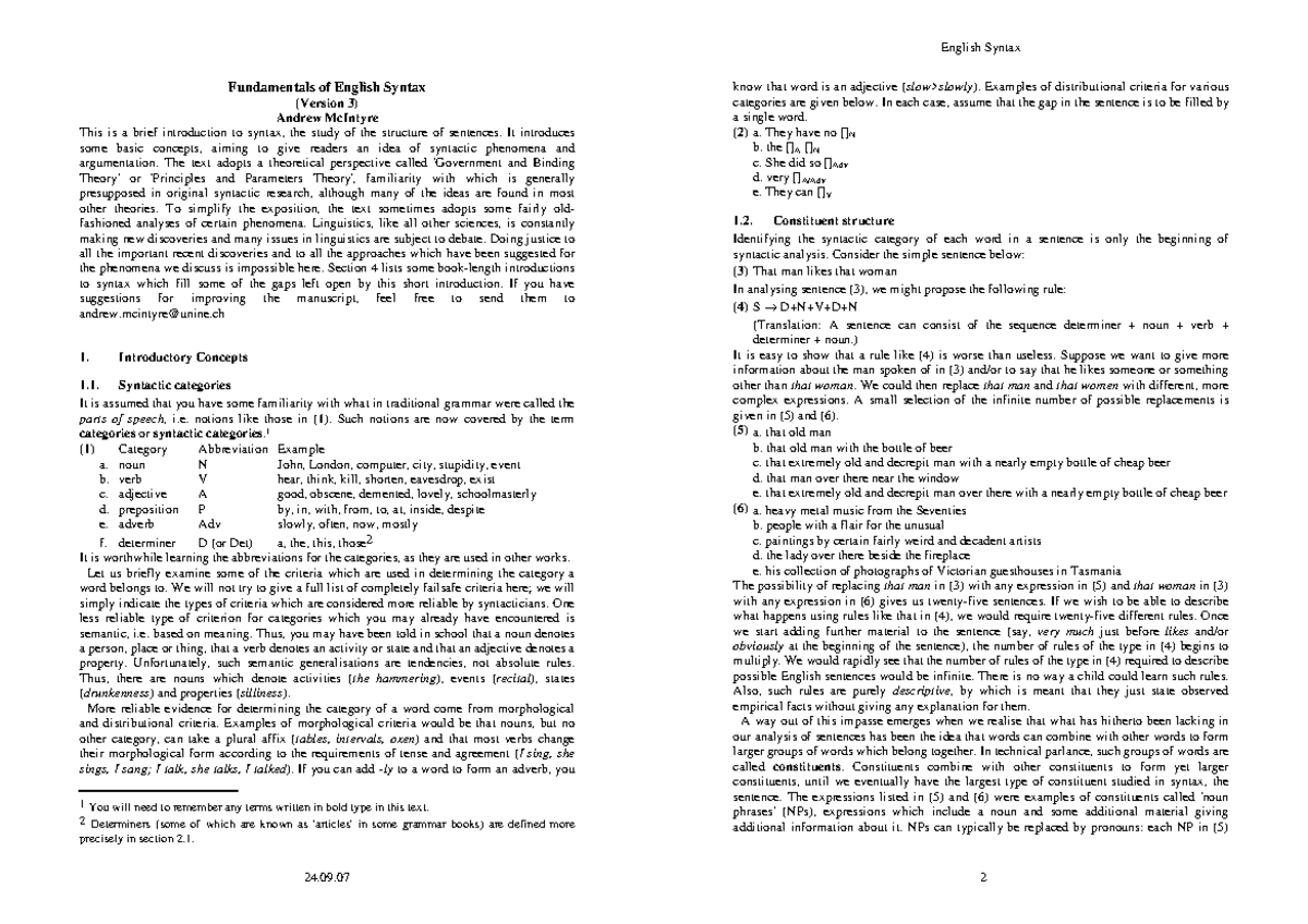 Introduction to syntax - 24. Fundamentals of English Syntax (Version 3 ...