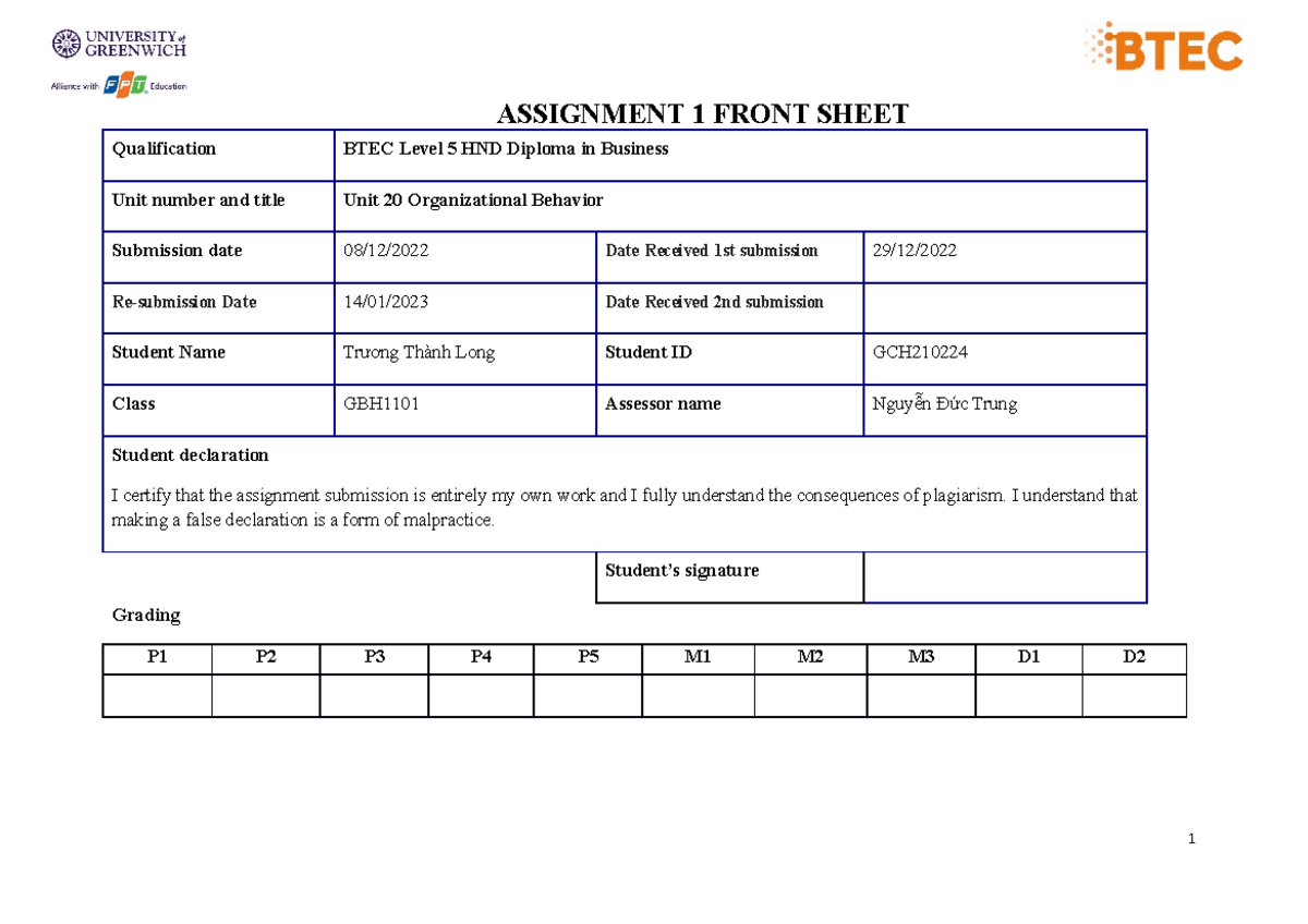 5064.Assignment-1-frontsheet-2022 - ASSIGNMENT 1 FRONT SHEET Qualification BTEC Level 5 HND ...