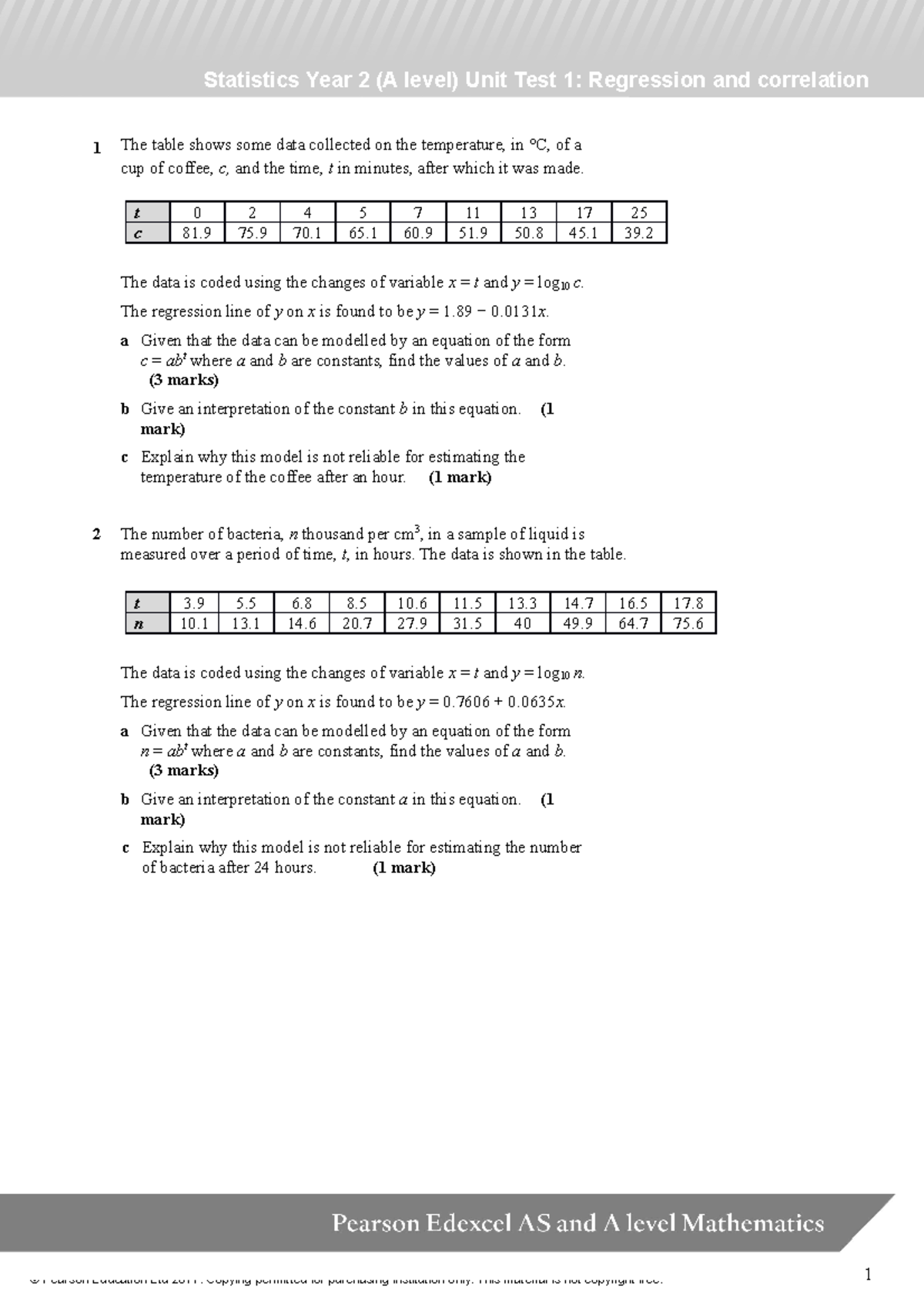 AL Maths Statistics Unit 1 Regression and Correlation Test - 1 The ...