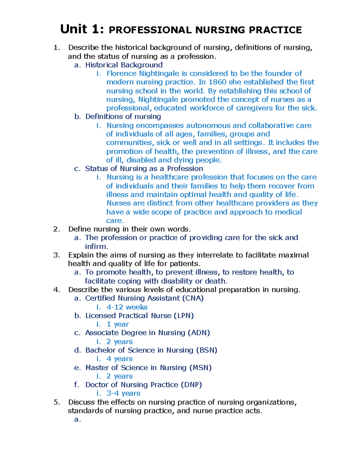 Unit 1 - Unit 1 learning objectives - Unit 1: PROFESSIONAL NURSING PRACTICE 1. Describe the ...