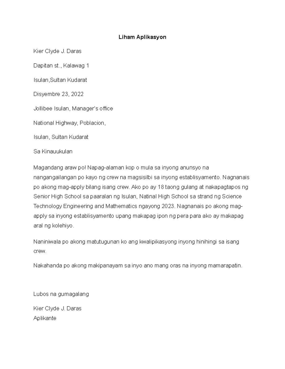 Aplikasytong Papel - none - Liham Aplikasyon Kier Clyde J. Daras ...