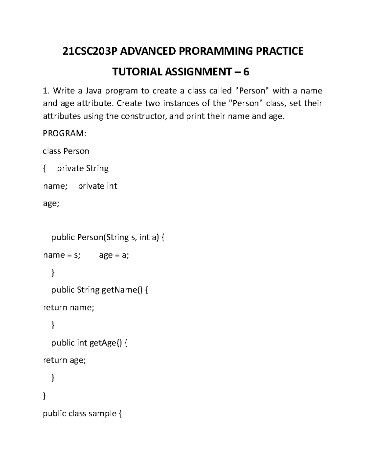 Document week 13 - 21CSC203P ADVANCED PRORAMMING PRACTICE TUTORIAL ASSIGNMENT – 6 Write a Java ...
