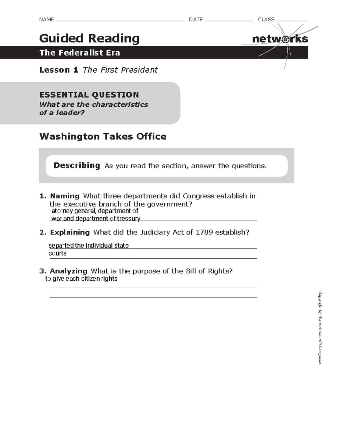 Guided reading - The First President - Copyright by The McGraw-Hill ...