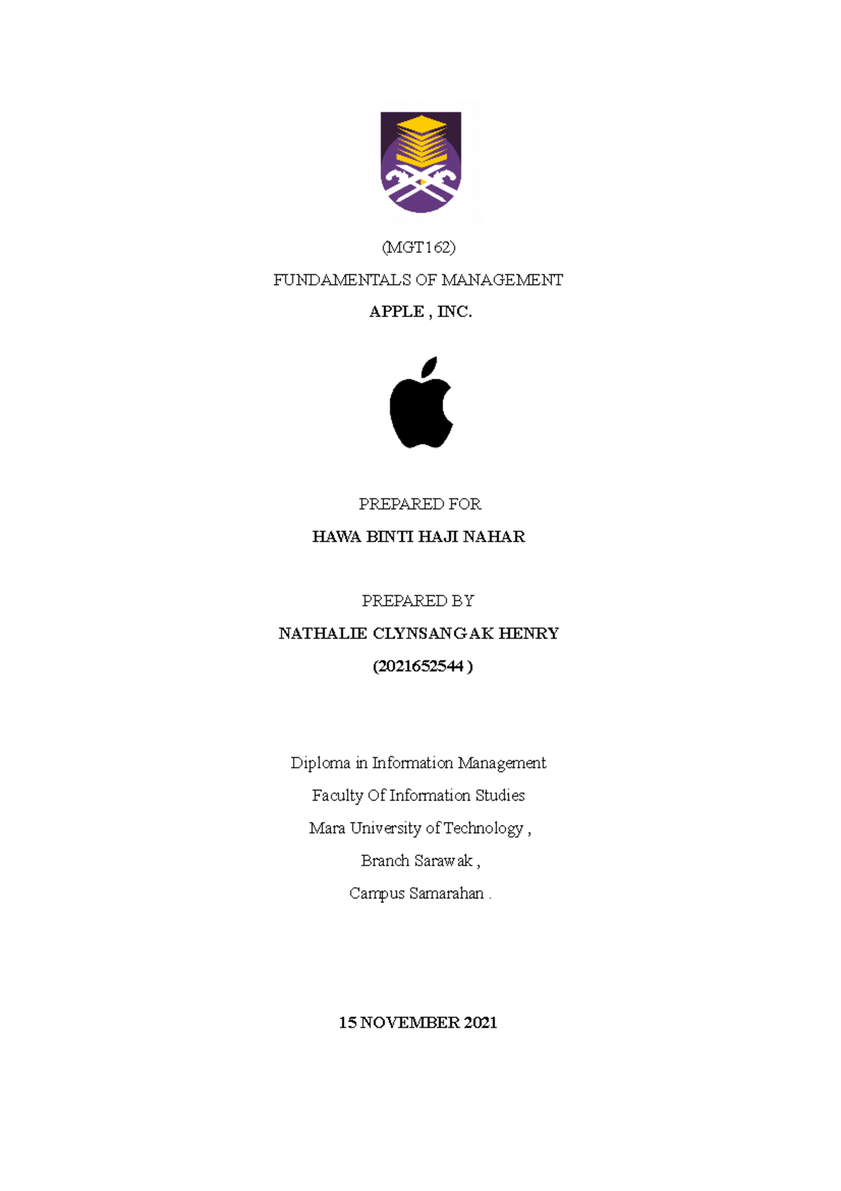 MGT162 individual assignment 2021 - (MGT162) FUNDAMENTALS OF MANAGEMENT ...