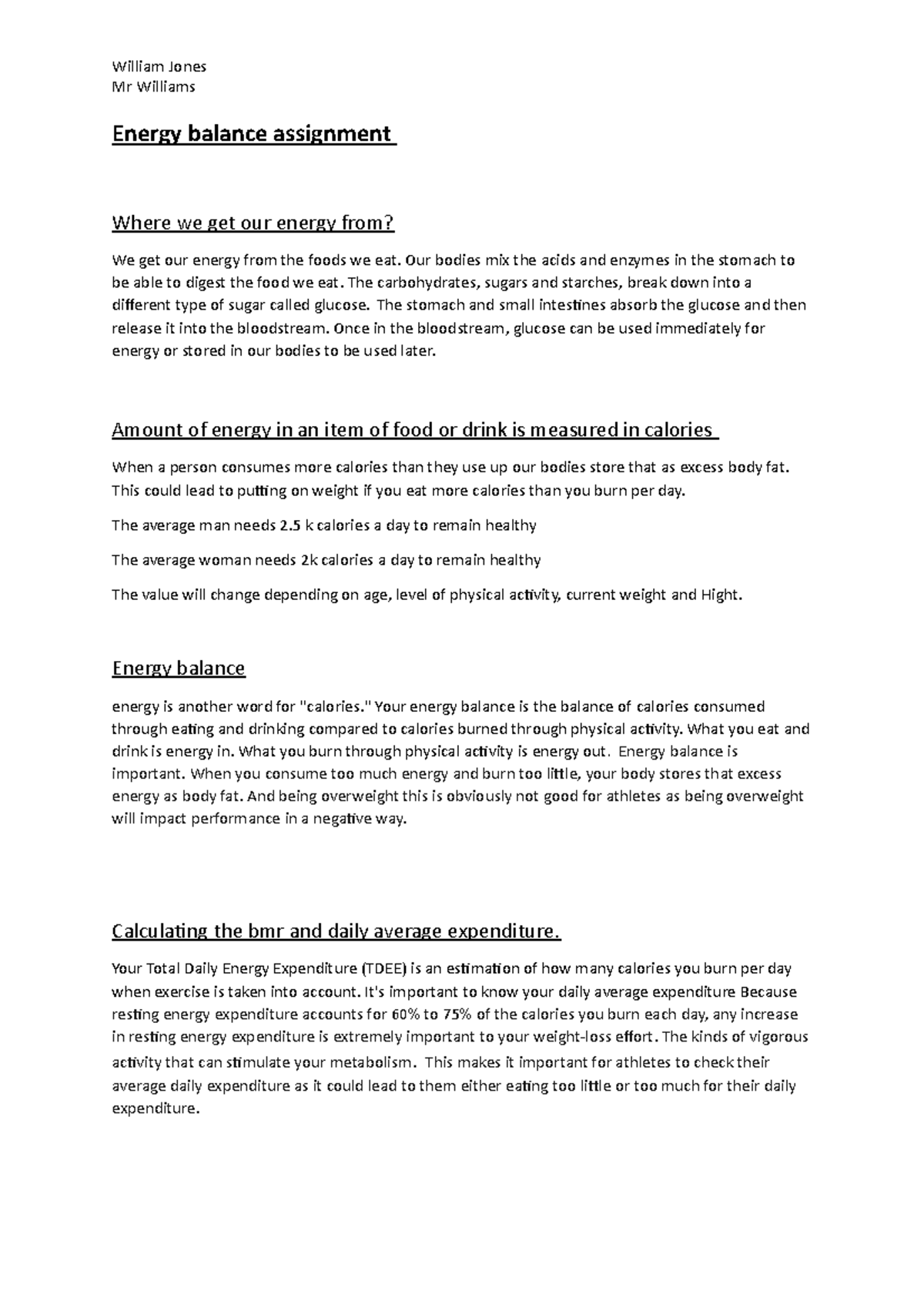 Energy balance course work - Mr Williams Energy balance assignment ...