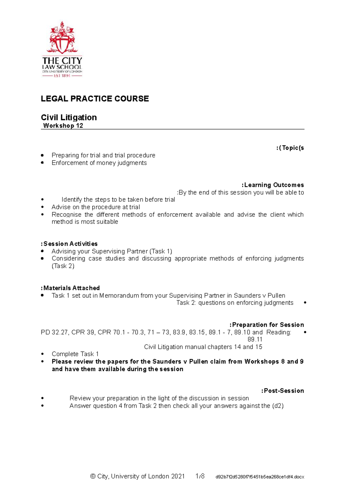 2021-lpc-civlit-ws12- Trial AND Enforcement WS - LEGAL PRACTICE COURSE ...