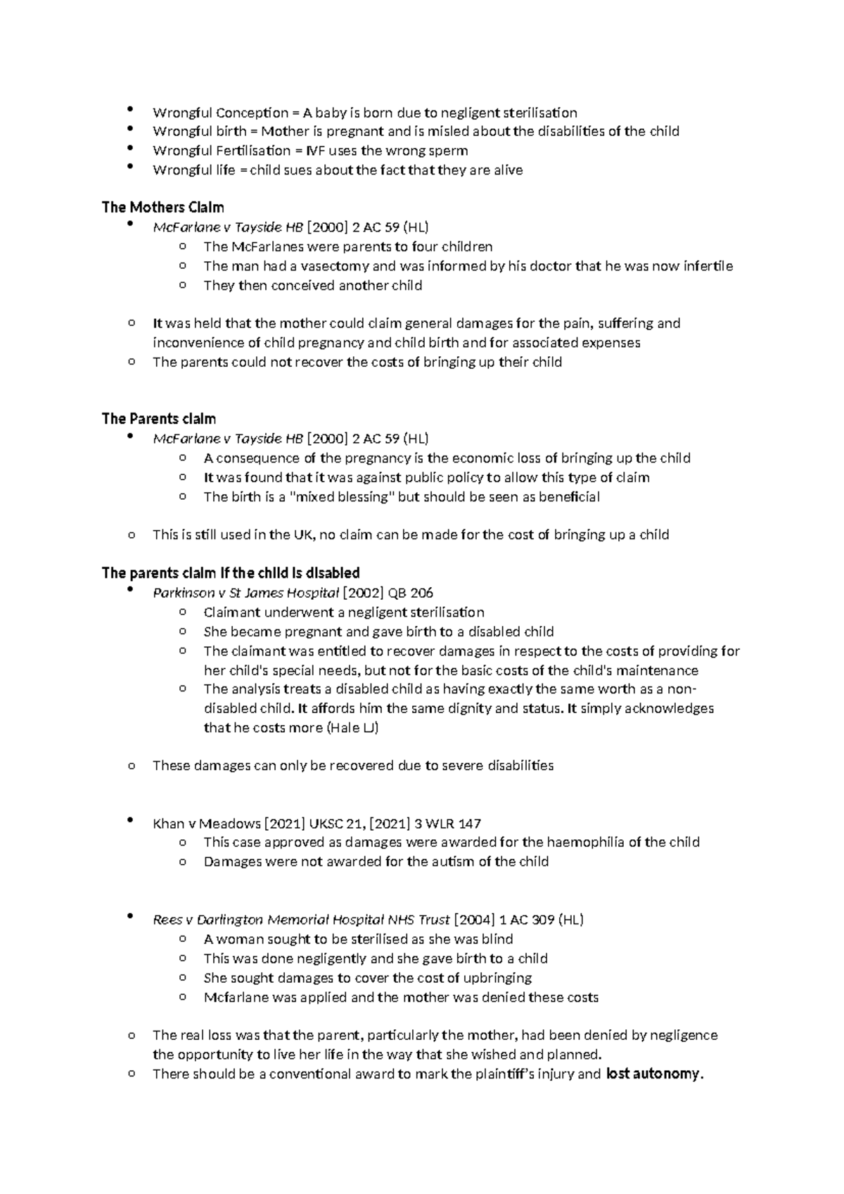 Wrongful Conception notes - Wrongful Conception = A baby is born due to ...