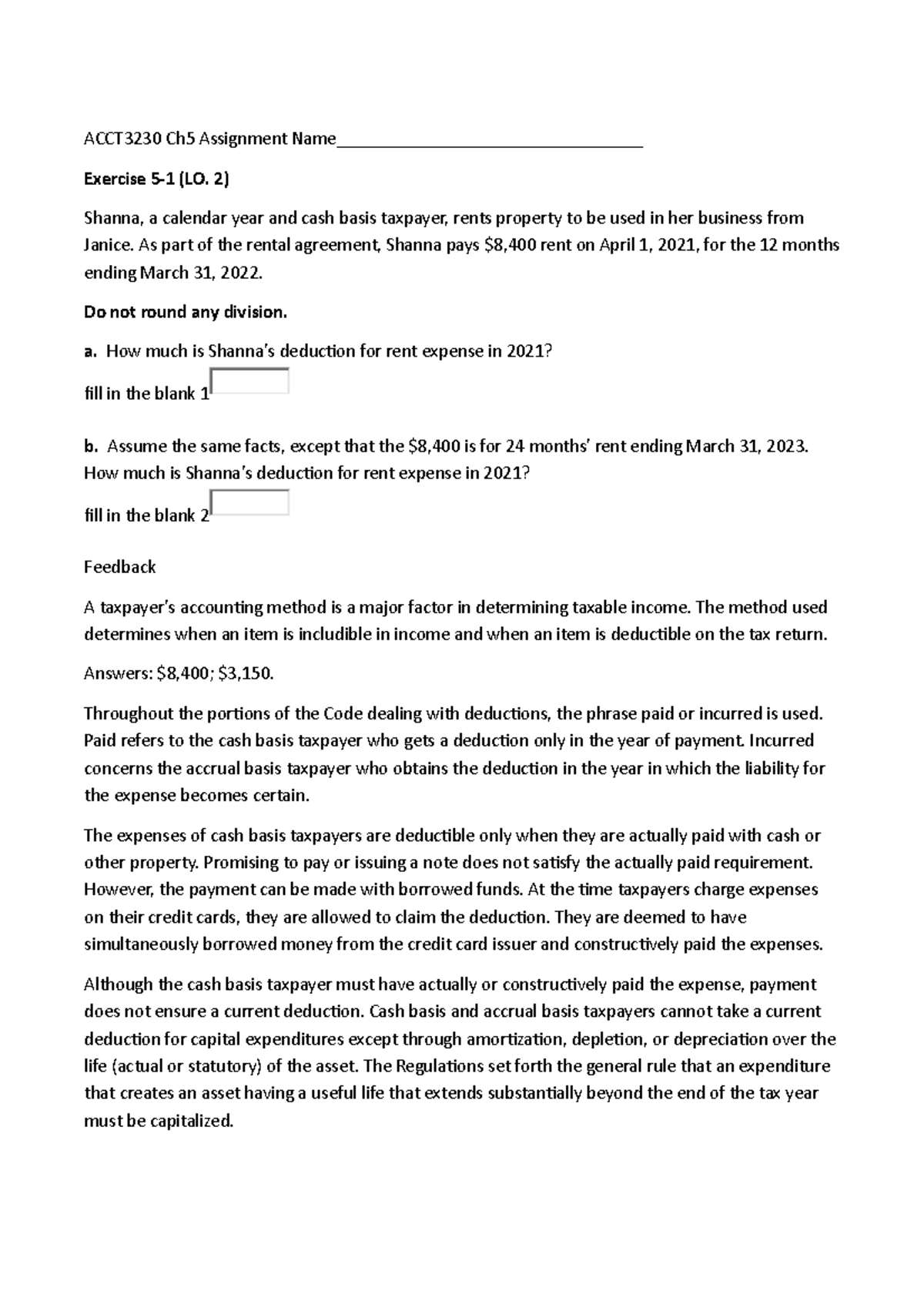 ACCT3230 Ch5 solution Assignment - ACCT3230 Ch5 Assignment Name