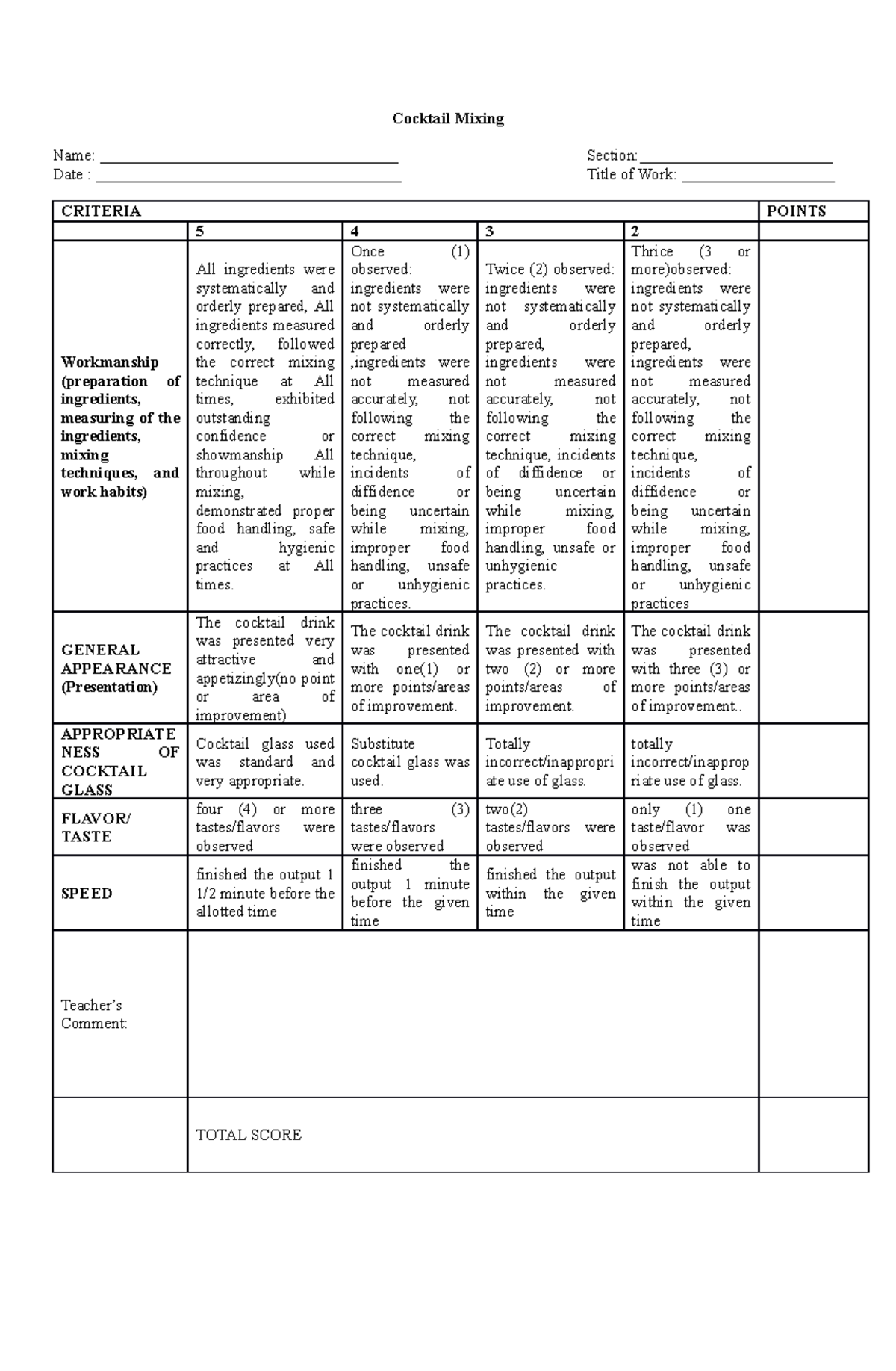 Cocktail Mixing Activity Sheet FOR DEMO - Cocktail Mixing Name: - Studocu