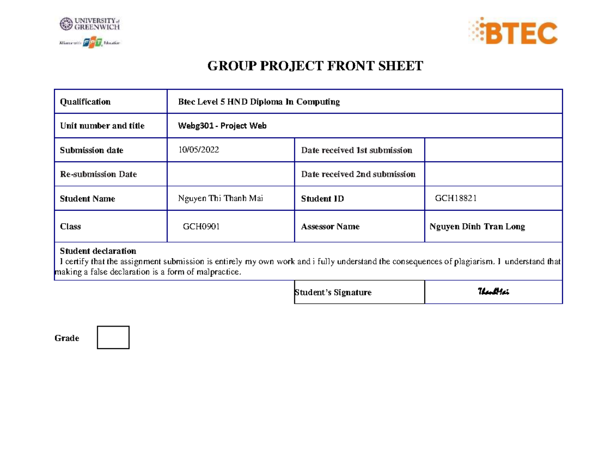 Nguyen Thi Thanh Mai(webpro) - GROUP PROJECT FRONT SHEET Qualification ...