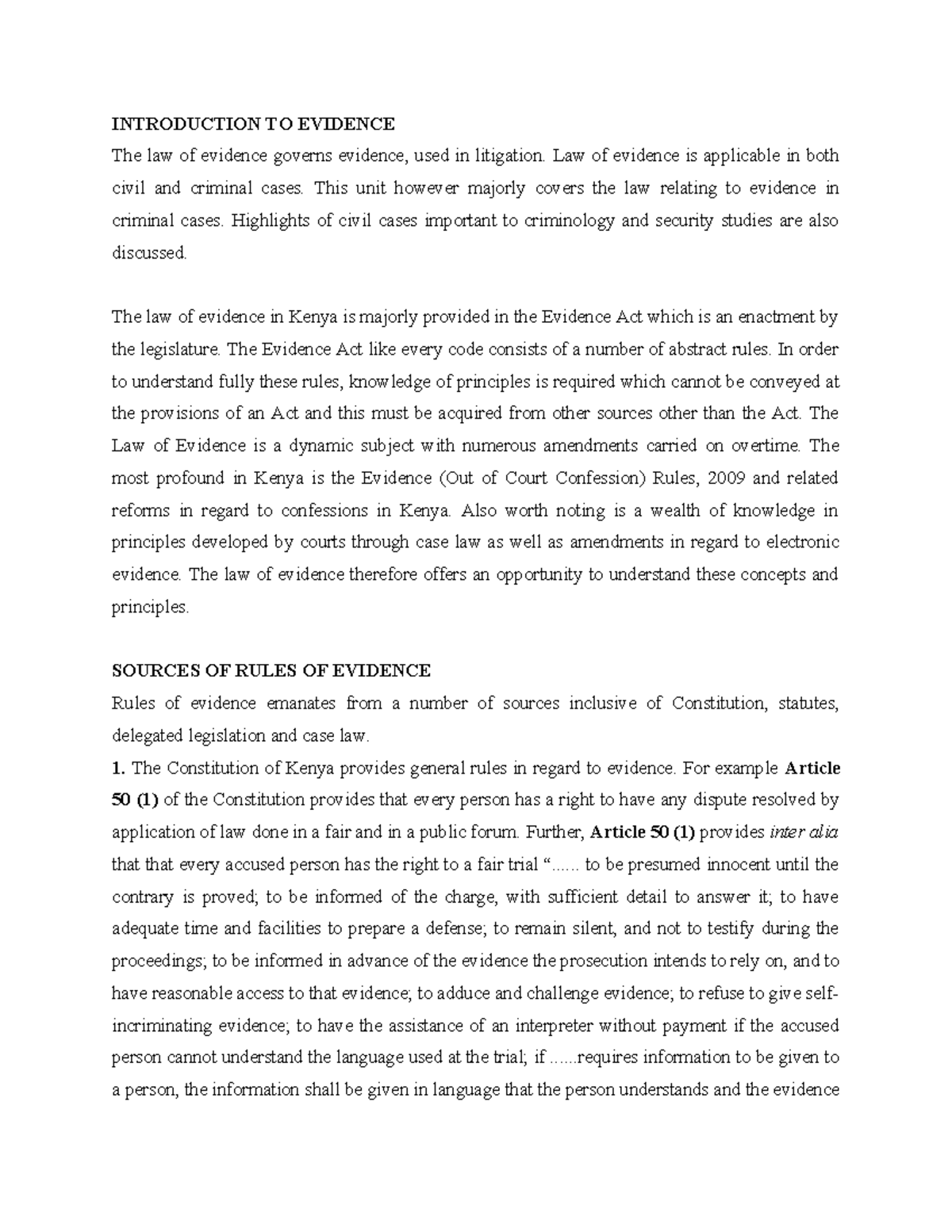 CRSS 310 Law of evidence - INTRODUCTION TO EVIDENCE The law of evidence ...