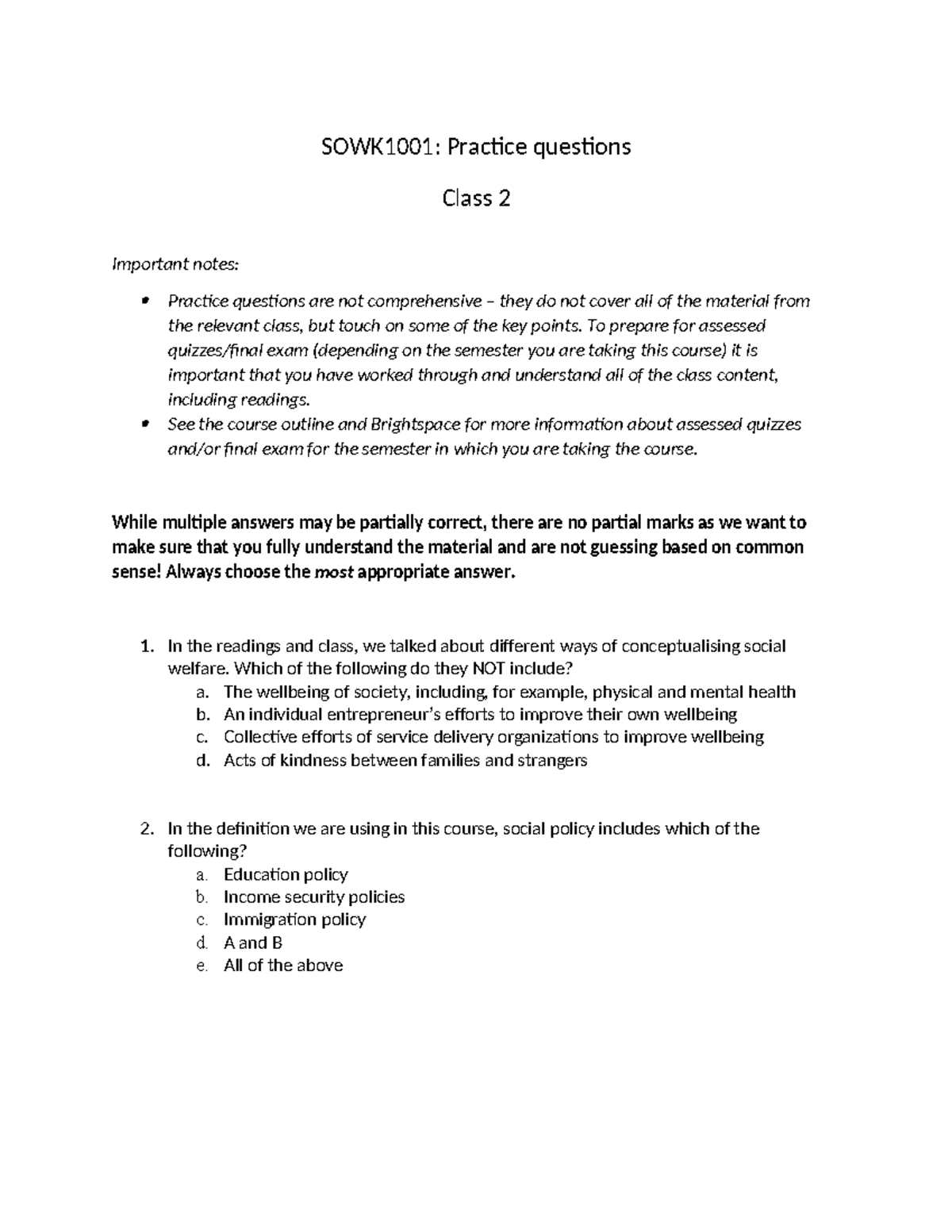 Class 2 practice questions - SOWK1001: Practice questions Class 2 ...