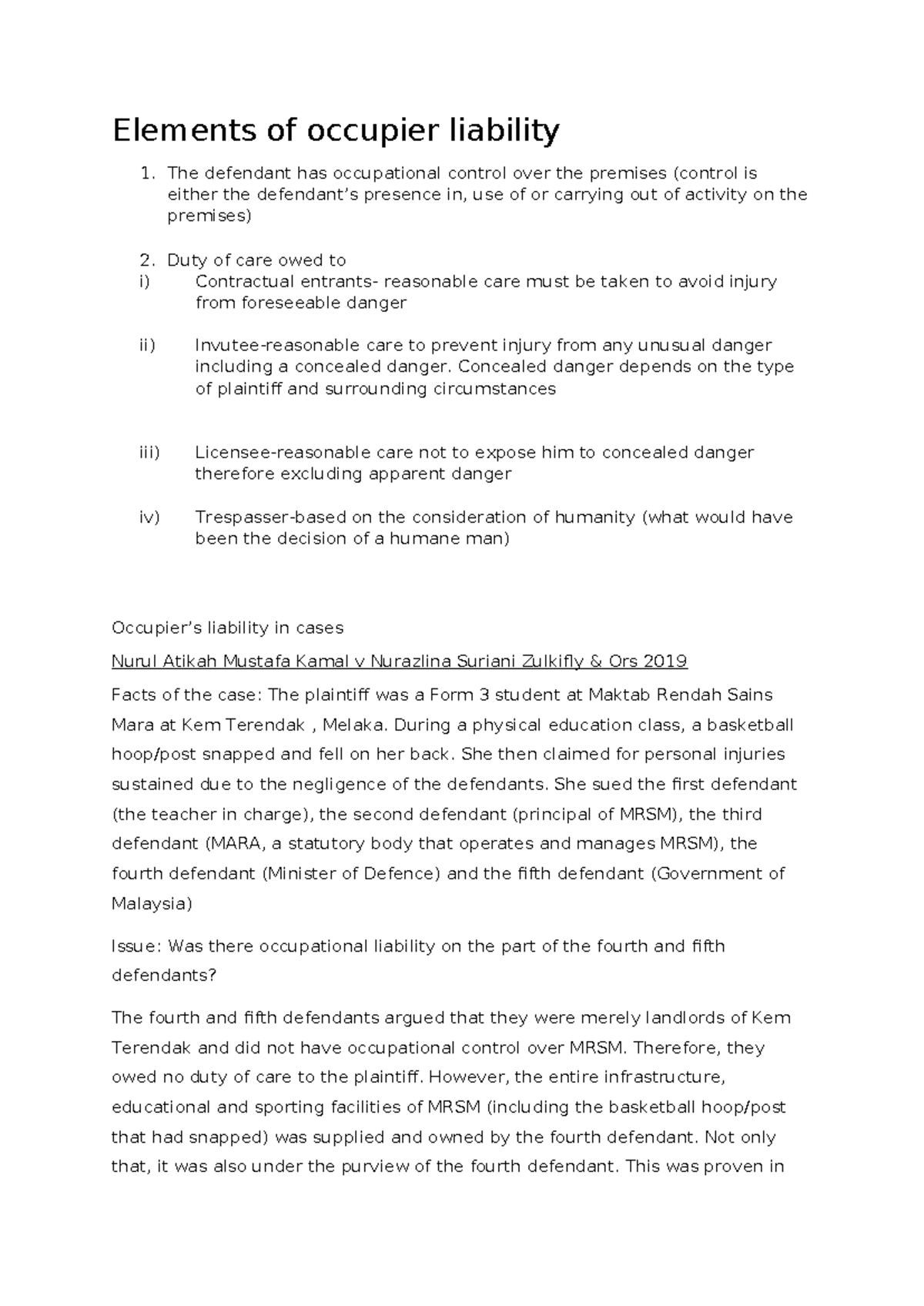 Ocuupier liability-chantal - Elements of occupier liability 1. The ...