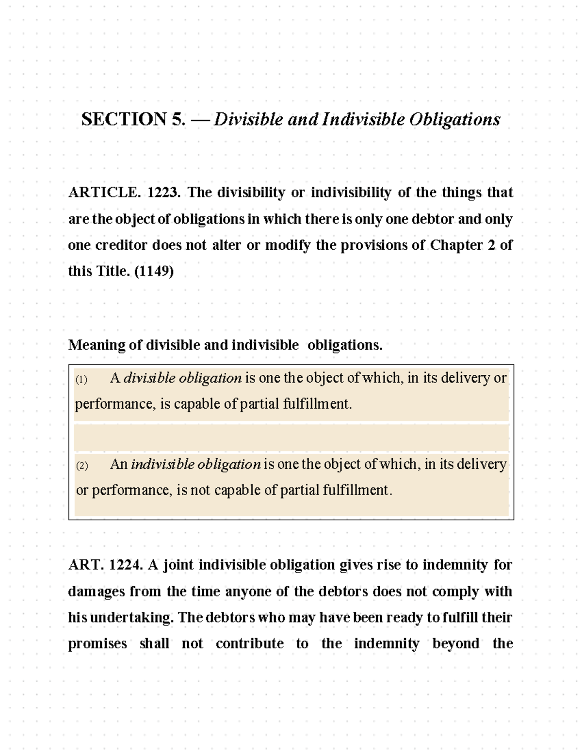 Section 5 Divisible And Indivisible Obligations SECTION 5
