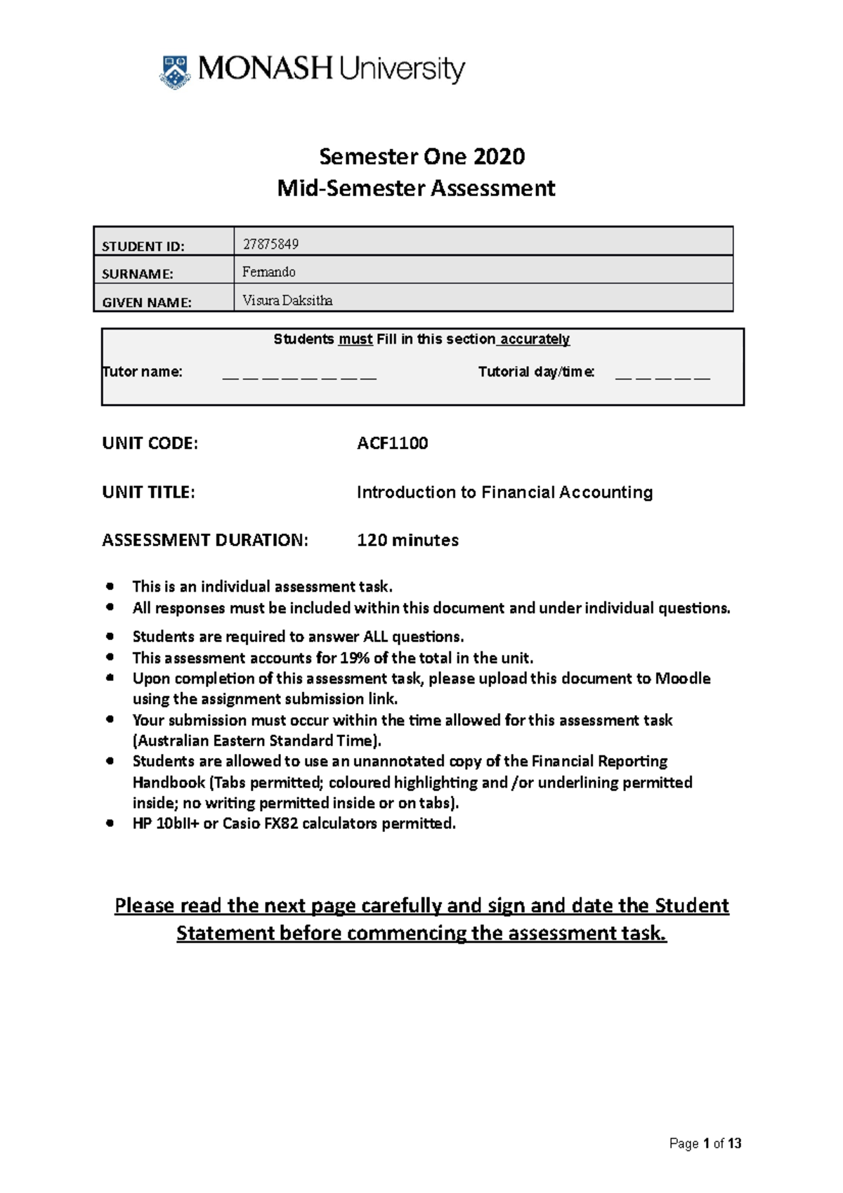 ACF1100 MST S1 2020 - NOTES - Semester One 2020 Mid-Semester Assessment ...