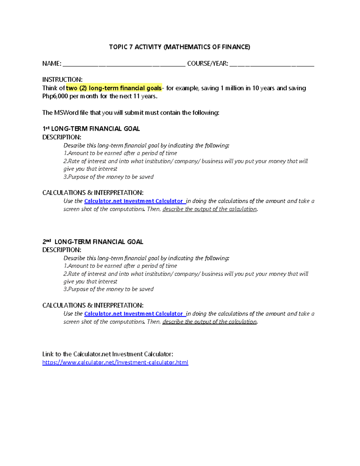 Topic 7 ( Mathematics OF Finance) Activity - TOPIC 7 ACTIVITY ...