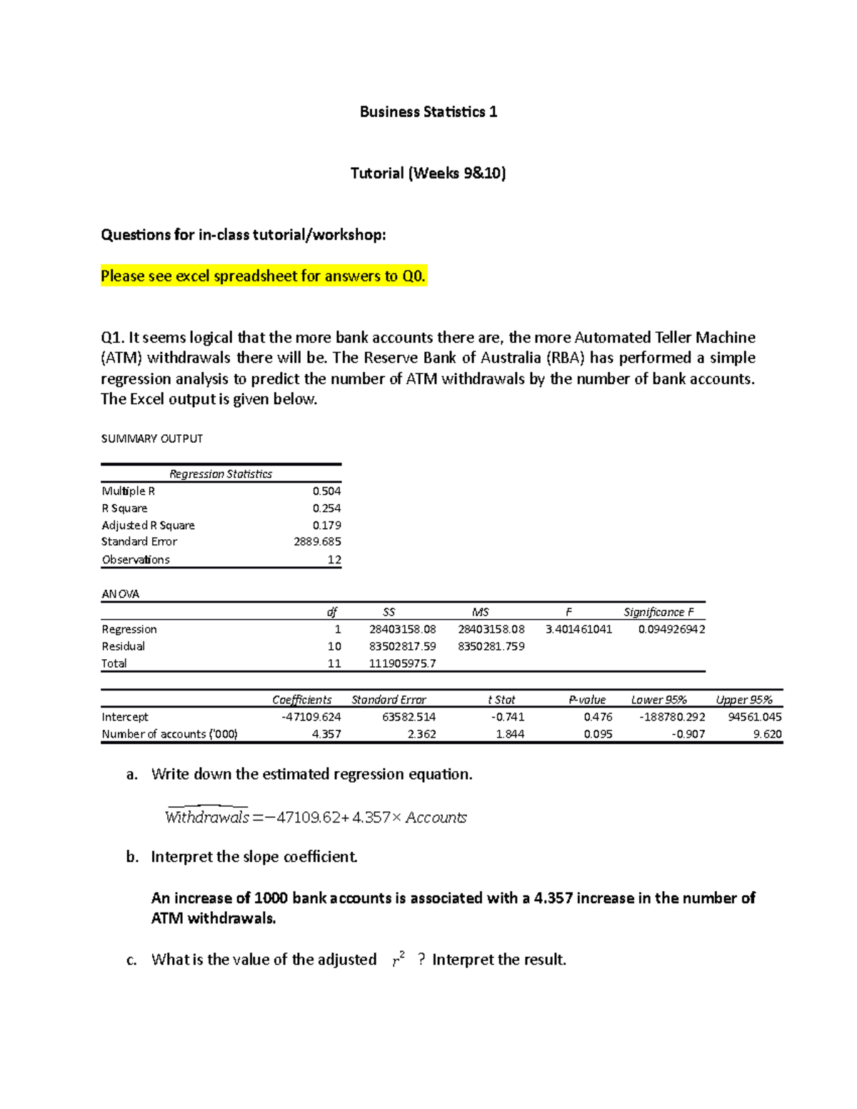 Tutorial topics 9&10 - Solutions - Business Statistics 1 Tutorial ...