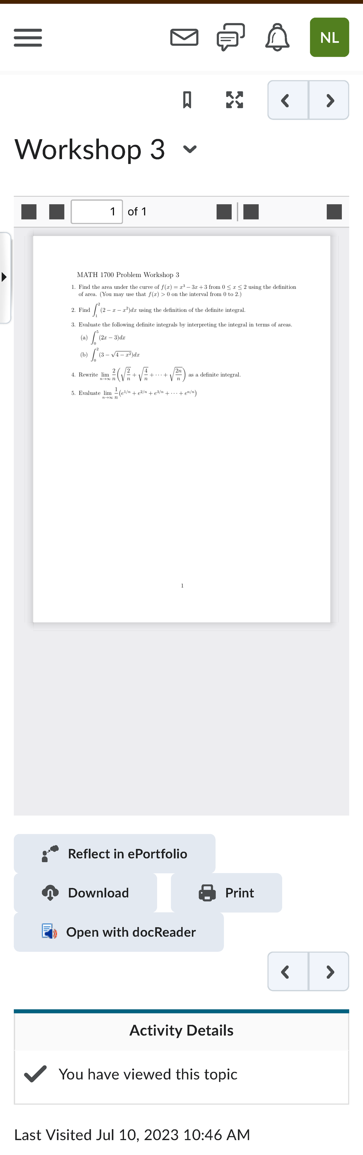Workshop 3 - MATH-1700-A01 - Calculus 2 - Reflect in ePortfolio Download Print Open with ...
