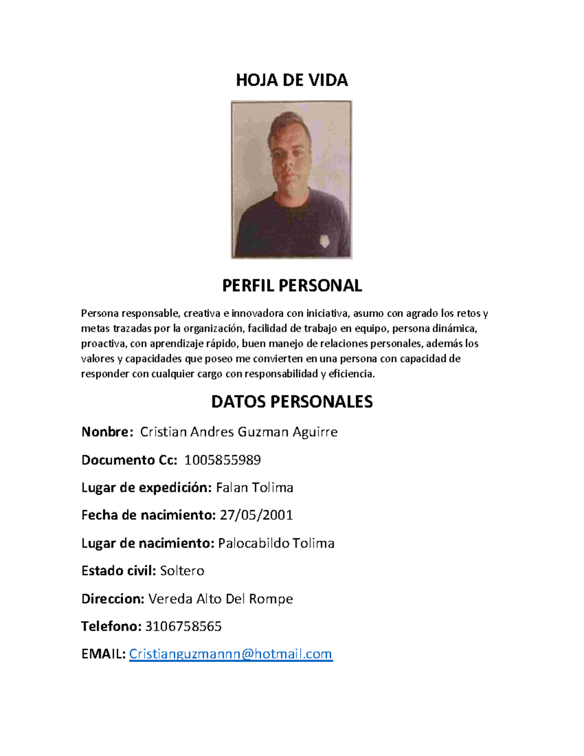 HOJA DE VIDA pdf 2024 archivo - HOJA DE VIDA PERFIL PERSONAL Persona ...