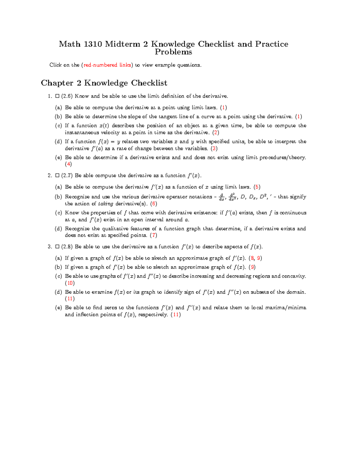 Math1310Midterm 2Knowledge Checklist And Practice Solns - Math 1310 ...