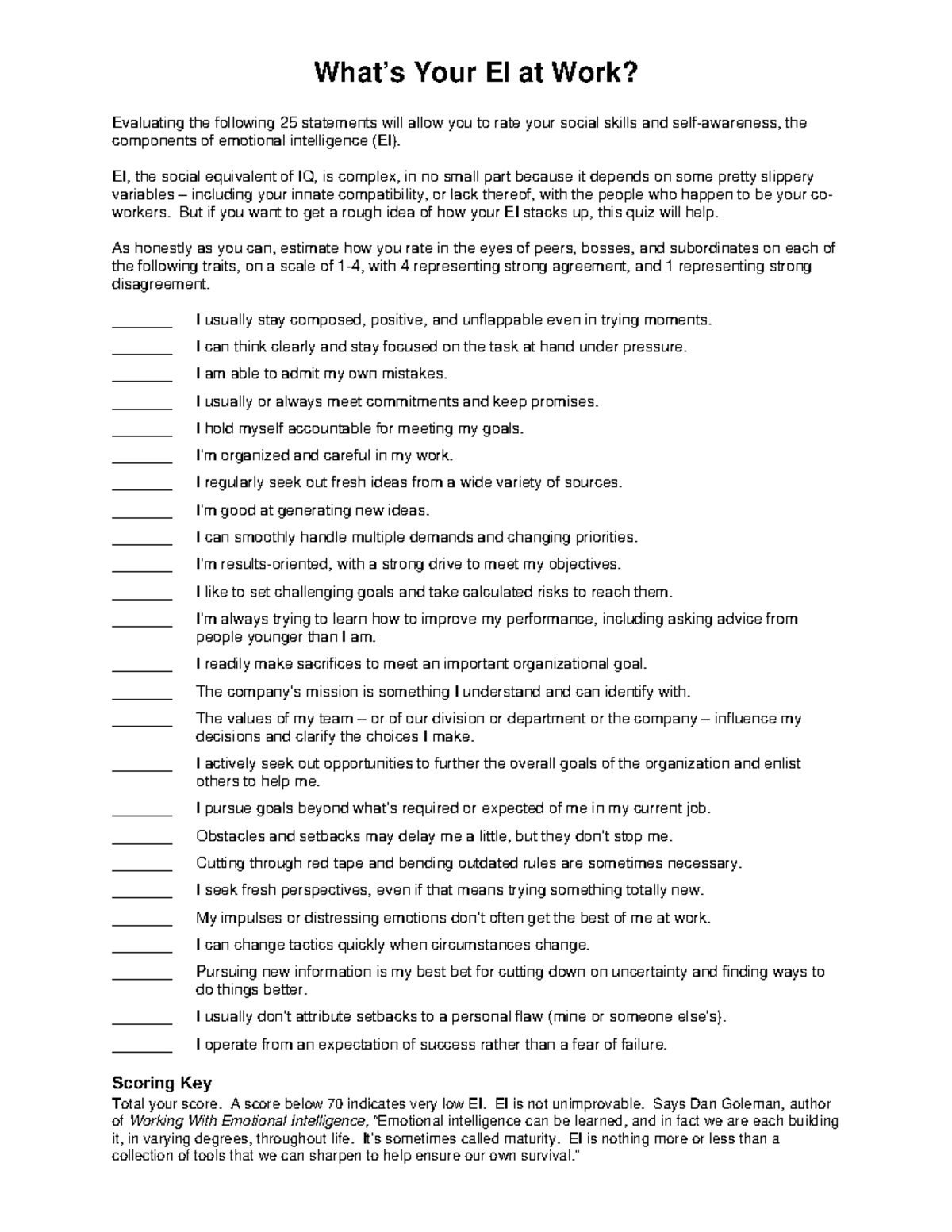 EI at Work - OB work - What’s Your EI at Work? Evaluating the following ...