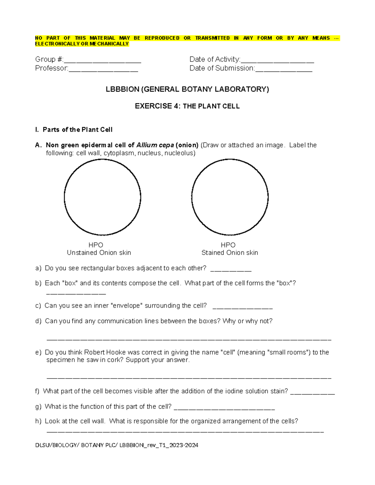 The Plant Cell - LABORATORY - NO PART OF THIS MATERIAL MAY BE ...